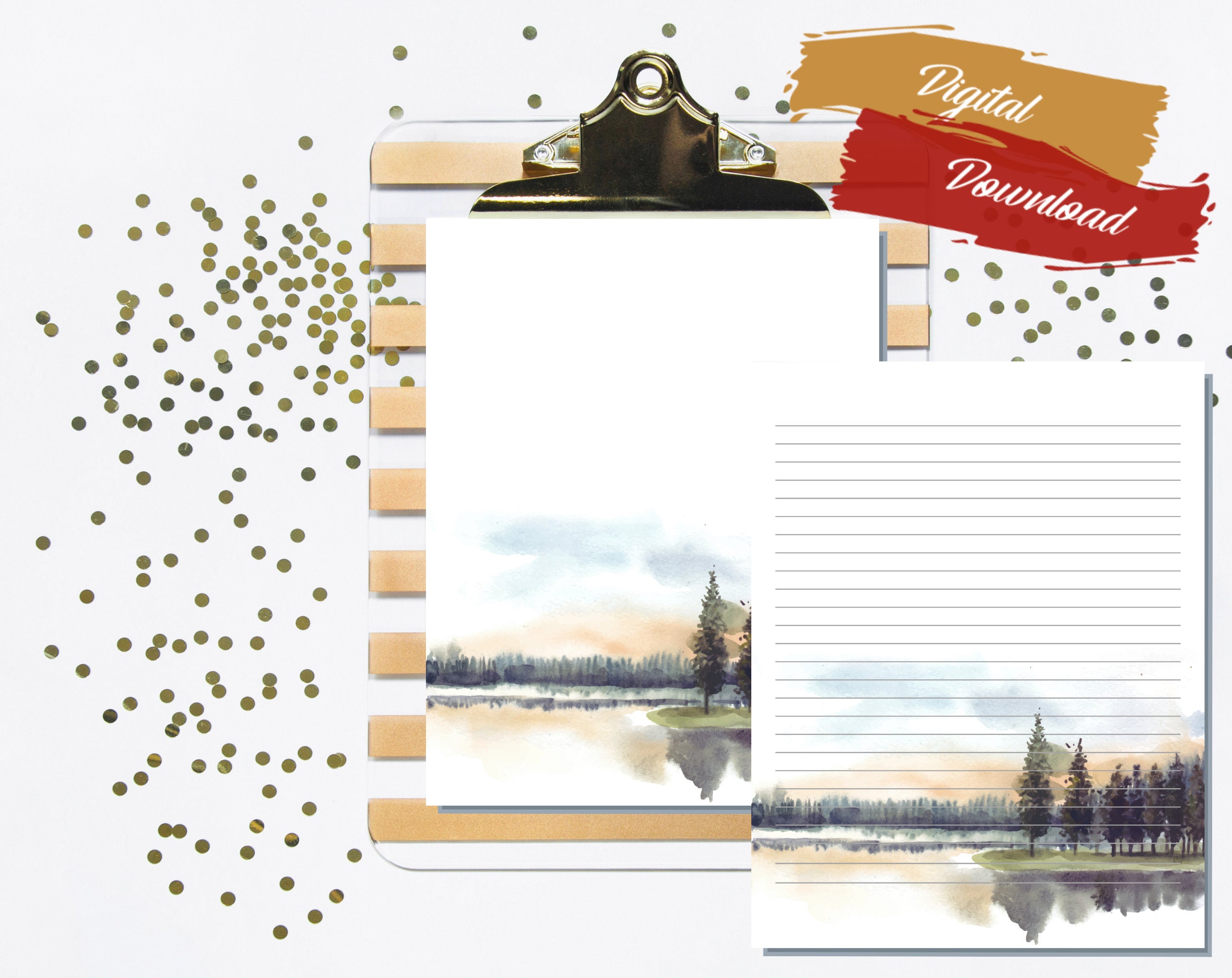 Printable Watercolor Trees on a Lake Letter Writing Paper, Printable ...
