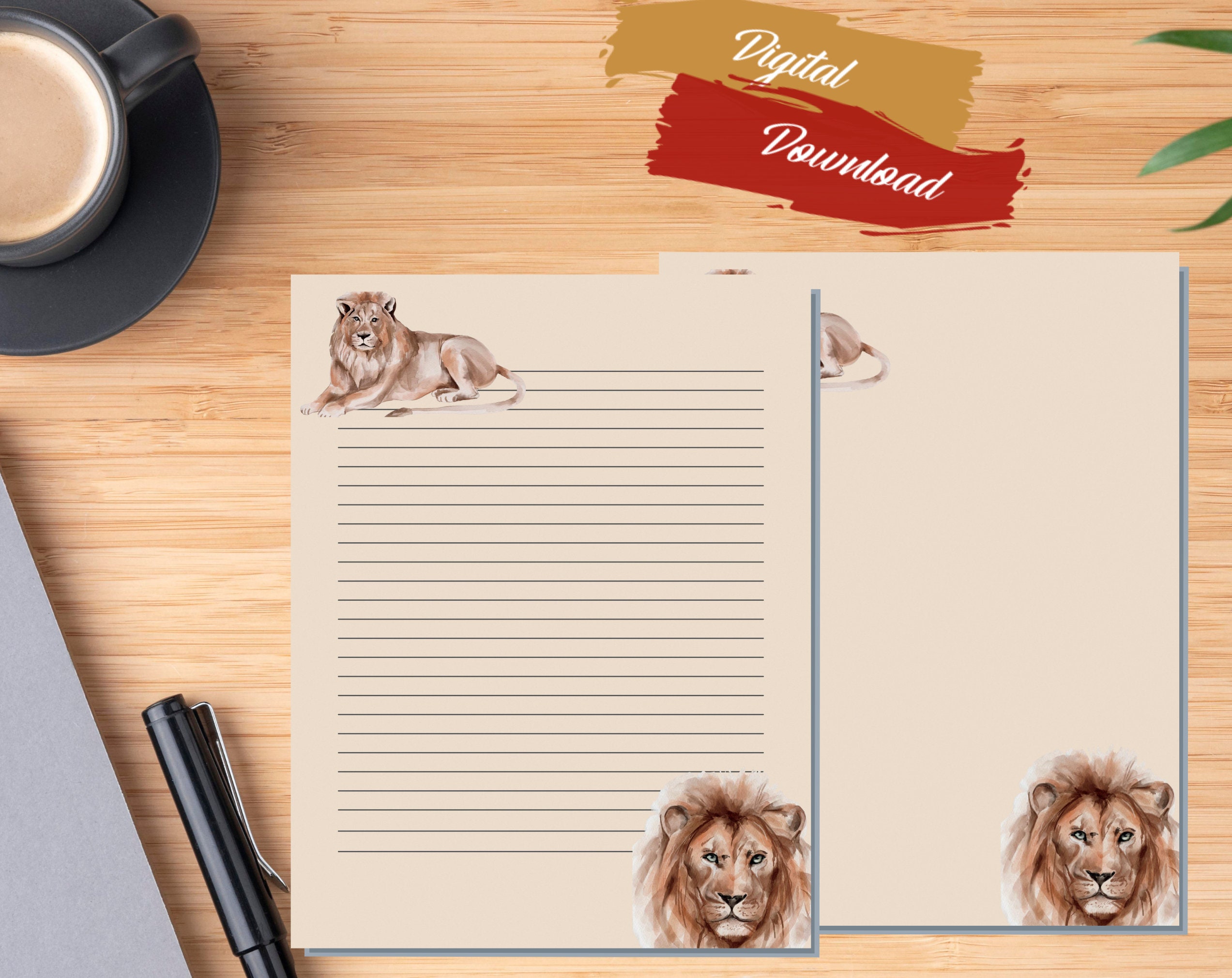 Lion Printable Stationery, Digital Download, Printable Note Paper, Lion ...