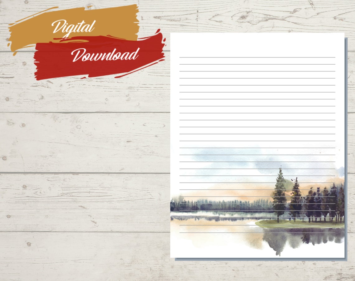 Printable Watercolor Trees on a Lake Letter Writing Paper, Printable ...