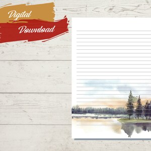 Printable Watercolor Trees on a Lake Letter Writing Paper, Printable ...