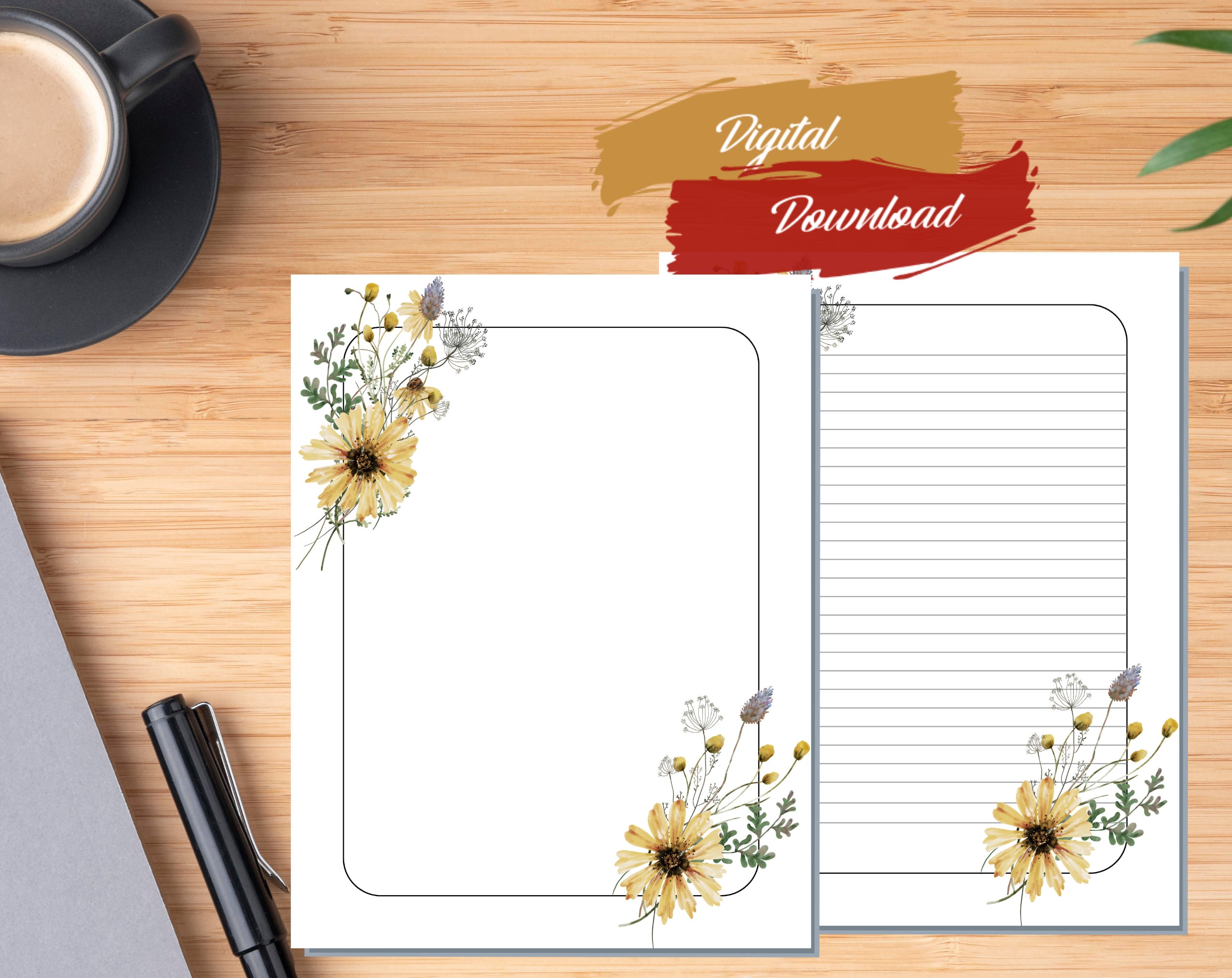Printable Yellow Watercolor Flowers Letter Writing Paper, Digital ...