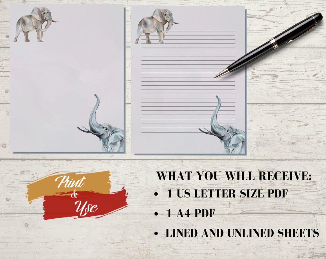 Elephant Printable Stationery, Digital Download, Digital Letter Writing ...