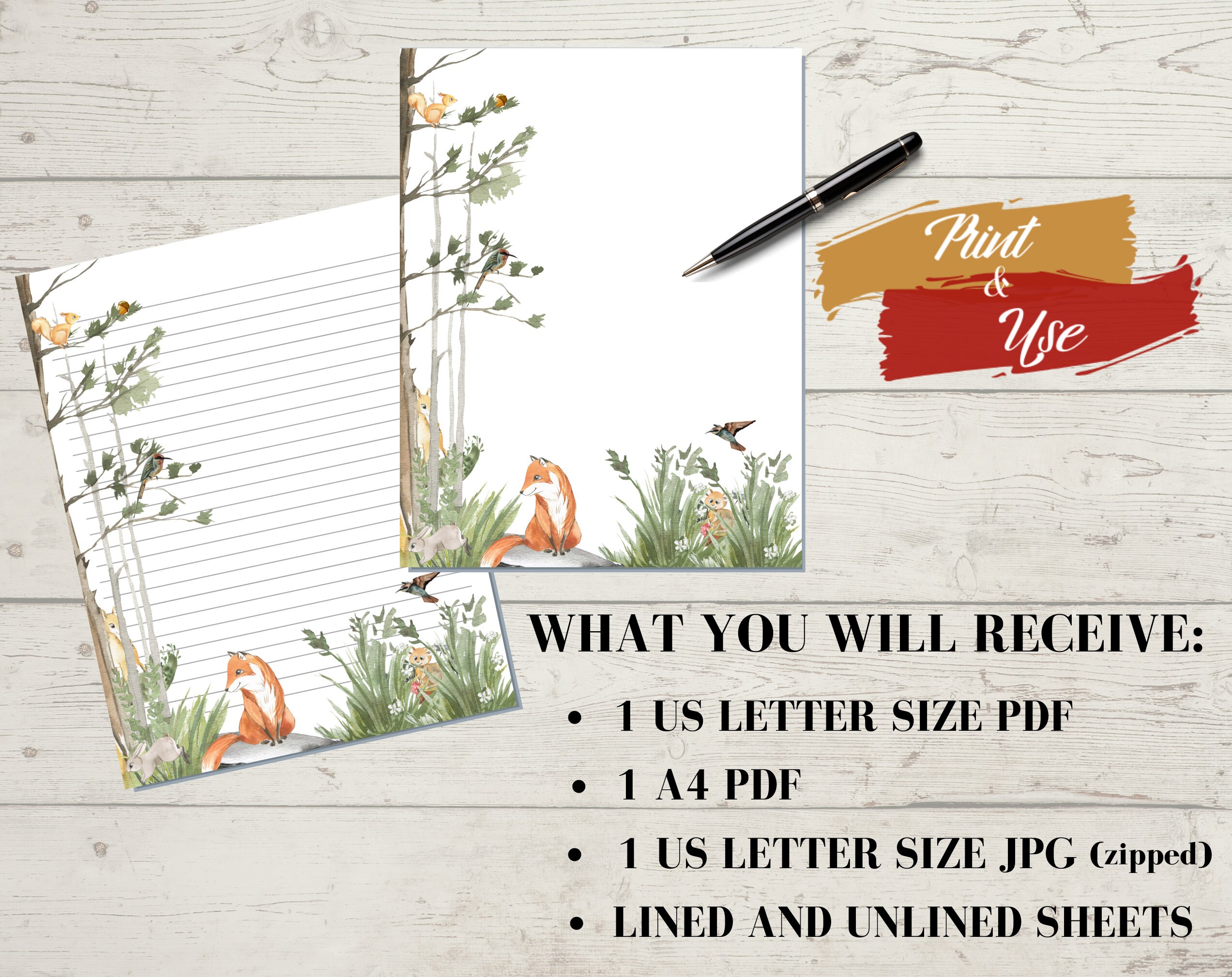 Printable Watercolor Woodland Animals Scene Writing Paper - Etsy