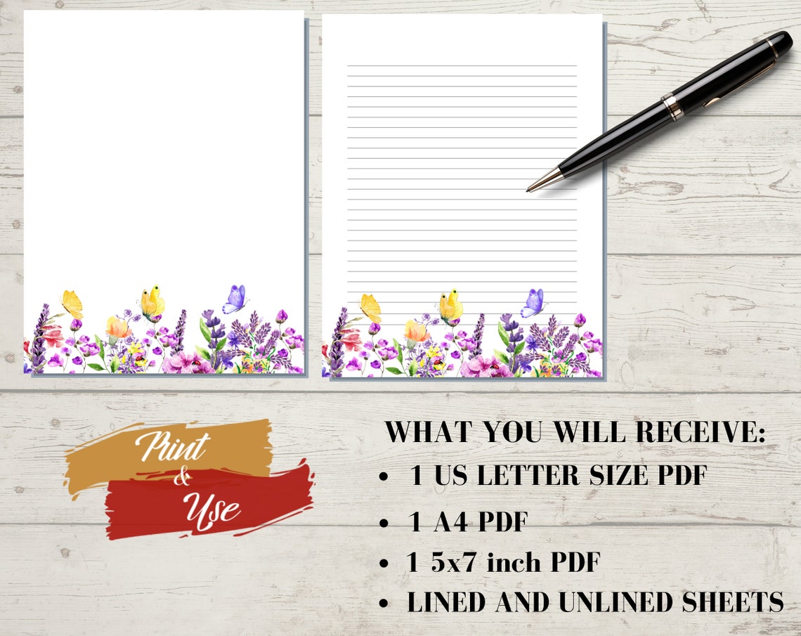 Botanical Garden Letter Writing Paper, Digital Download, Lavender ...