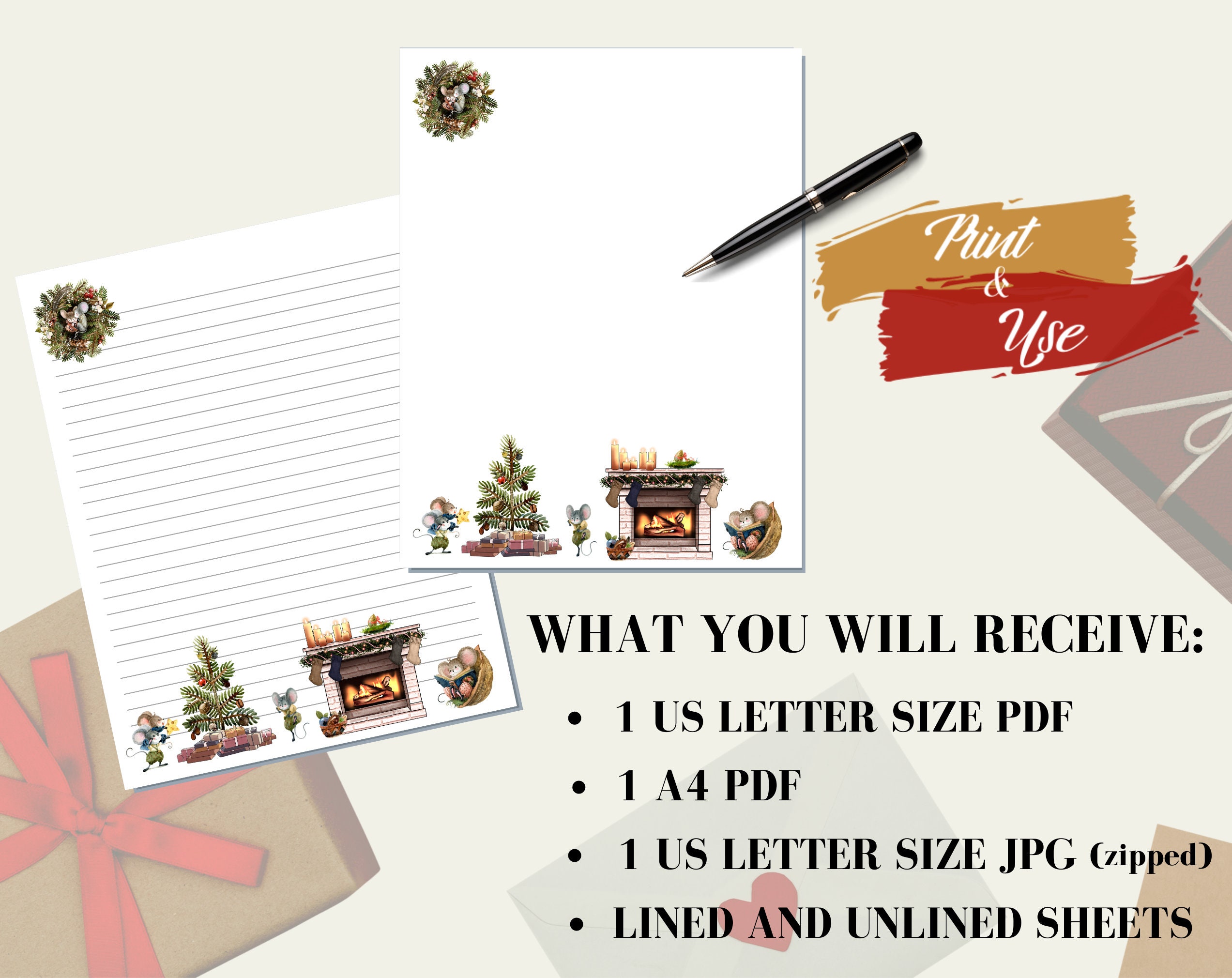 Printable Mice Christmas Scene Letter Writing Paper, Digital Download ...