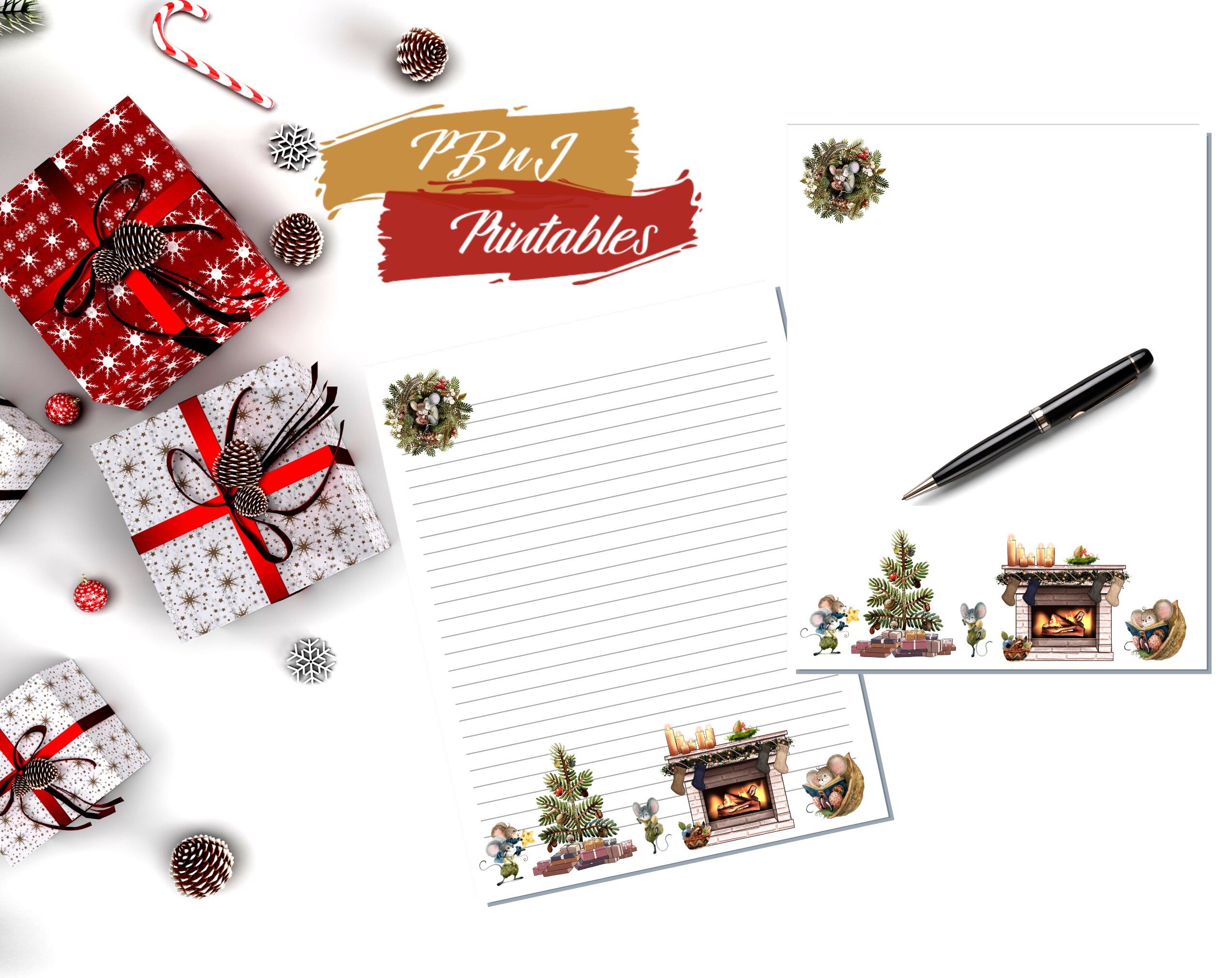 Printable Mice Christmas Scene Letter Writing Paper, Digital Download ...