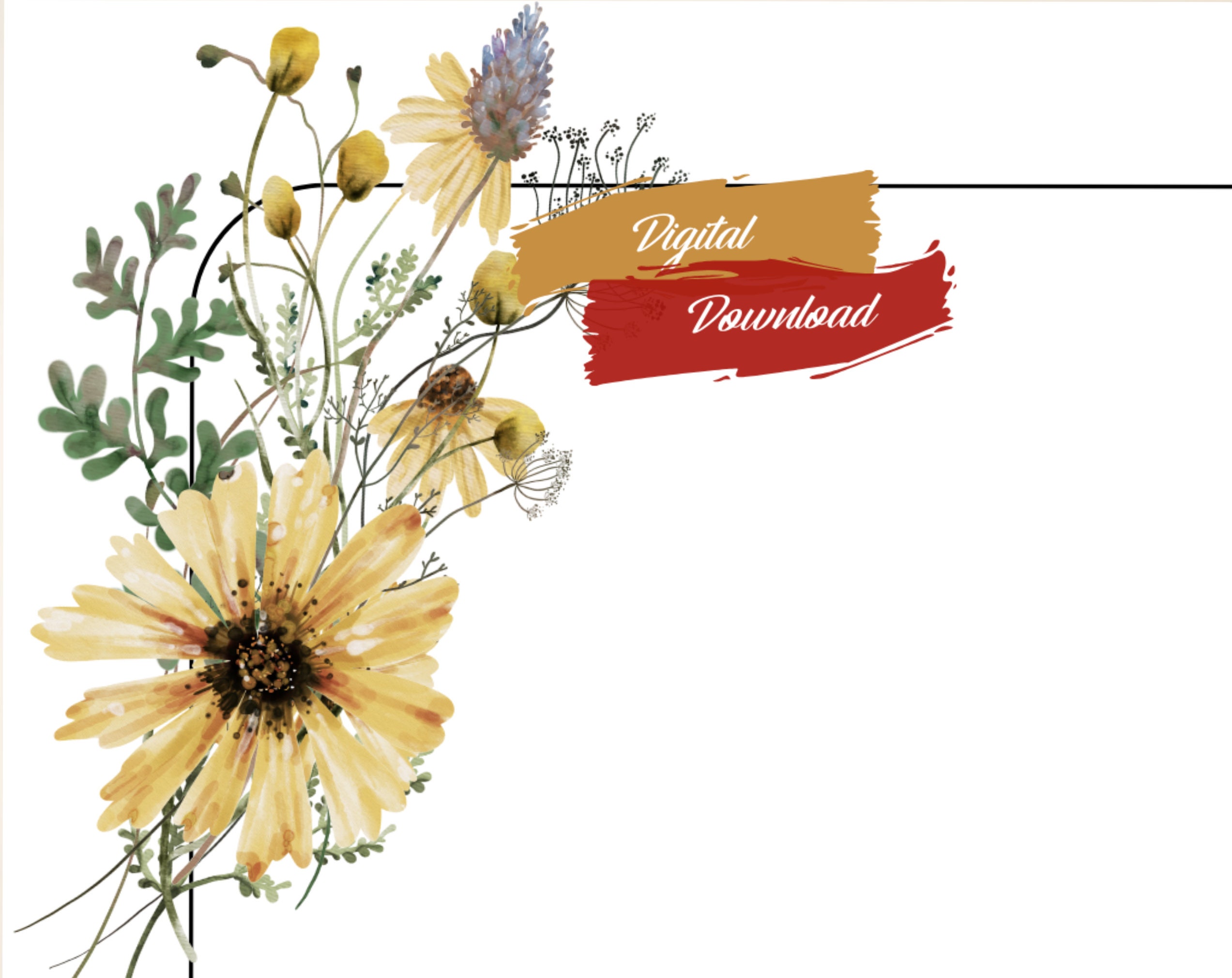 Printable Yellow Watercolor Flowers Letter Writing Paper, Digital ...