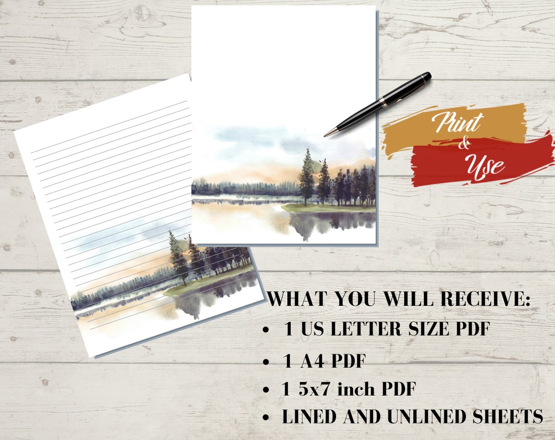 Printable Watercolor Trees on a Lake Letter Writing Paper, Printable ...