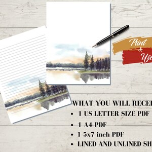 Printable Watercolor Trees on a Lake Letter Writing Paper, Printable ...