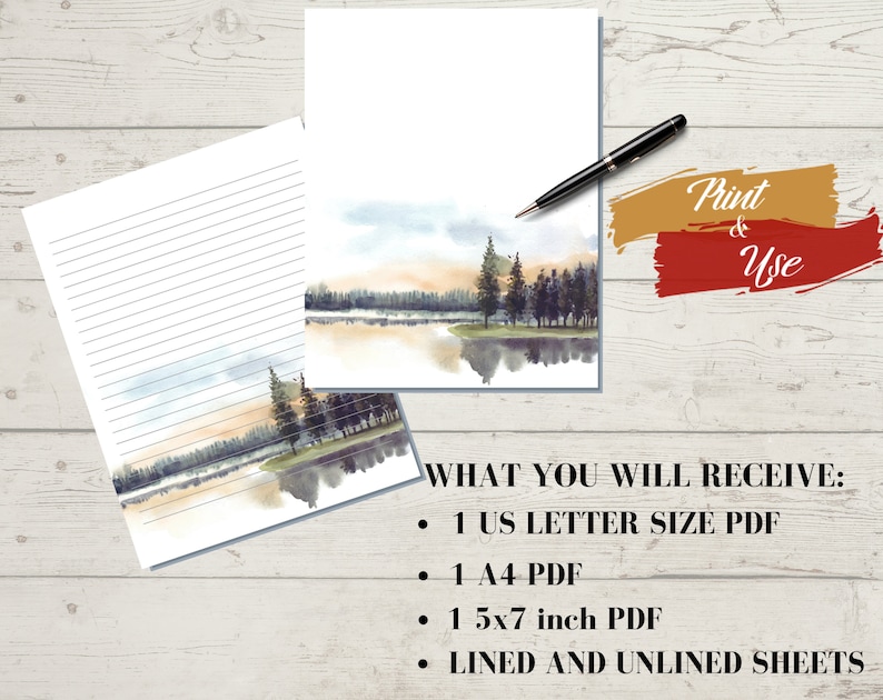 Printable Watercolor Trees on a Lake Letter Writing Paper, Printable ...