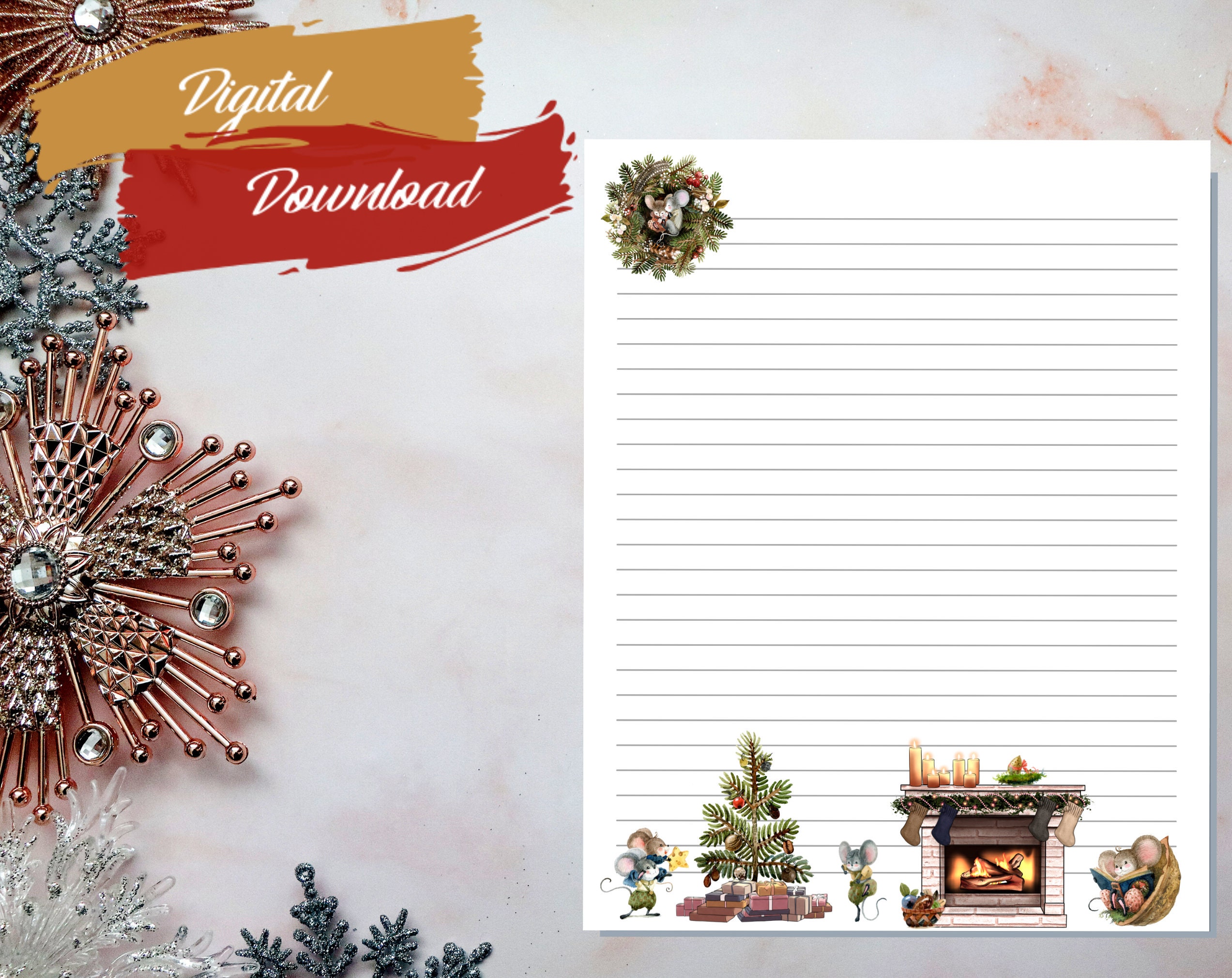 Printable Mice Christmas Scene Letter Writing Paper, Digital Download ...