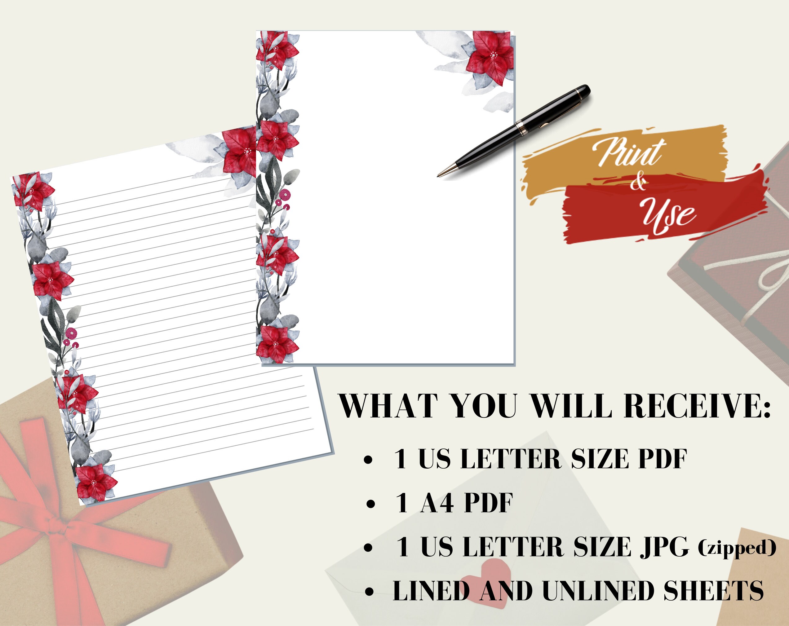 Printable Christmas Poinsettias Letter Writing Paper, Digital Download ...