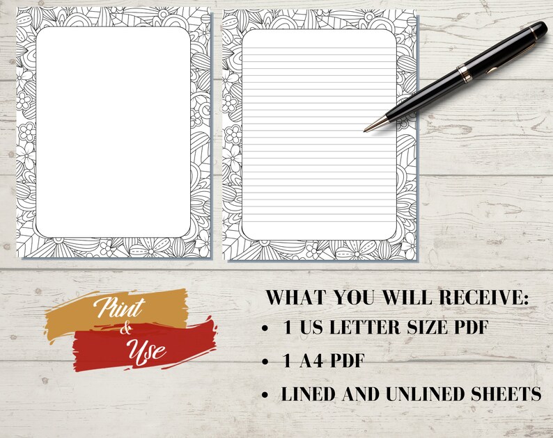 Printable Floral Border Coloring Stationery, Digital Download ...