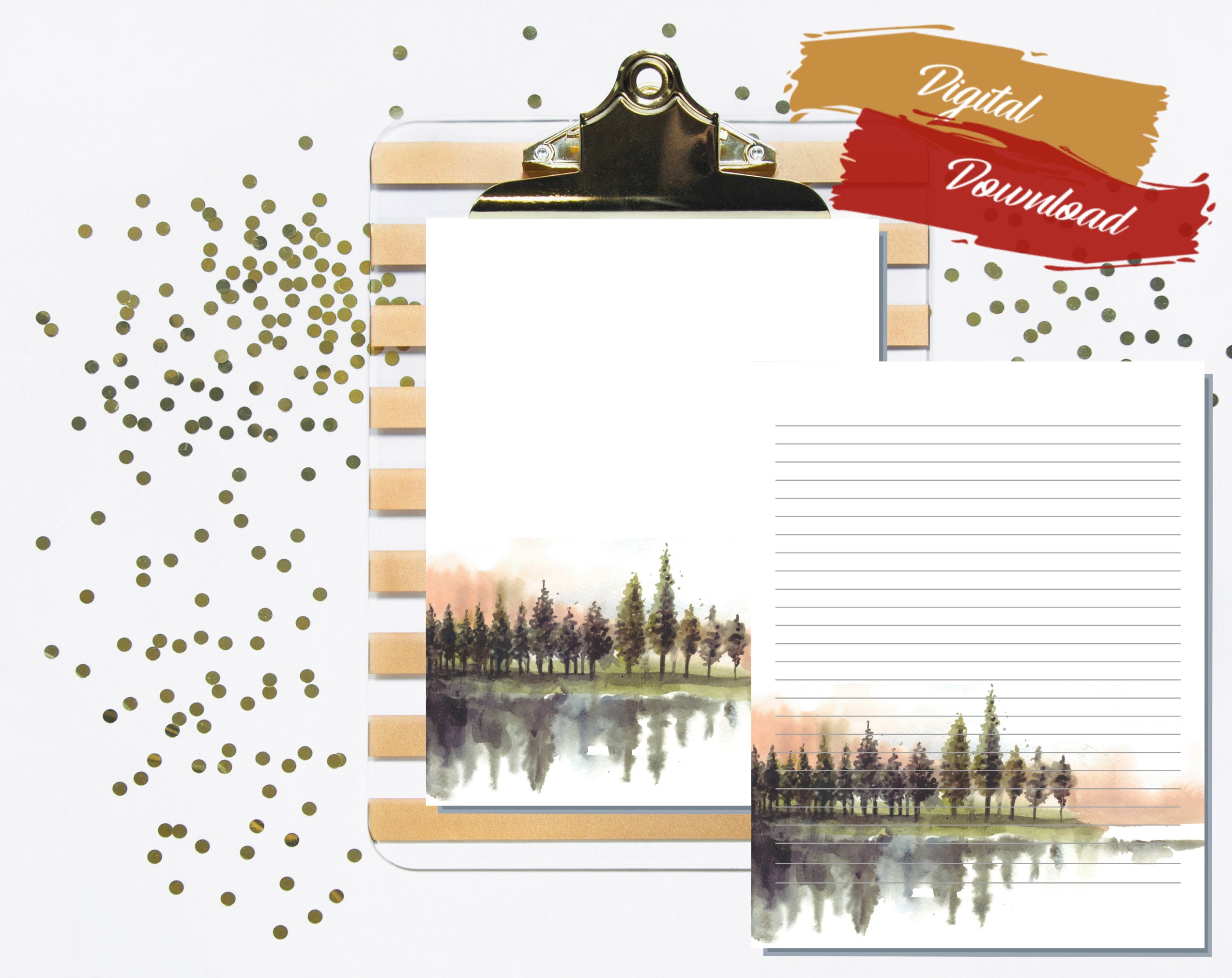 Printable Watercolor Trees on a Lake Letter Writing Paper, Printable ...
