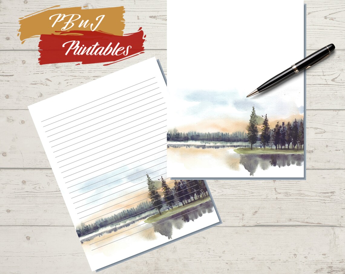 Printable Watercolor Trees on a Lake Letter Writing Paper, Printable ...