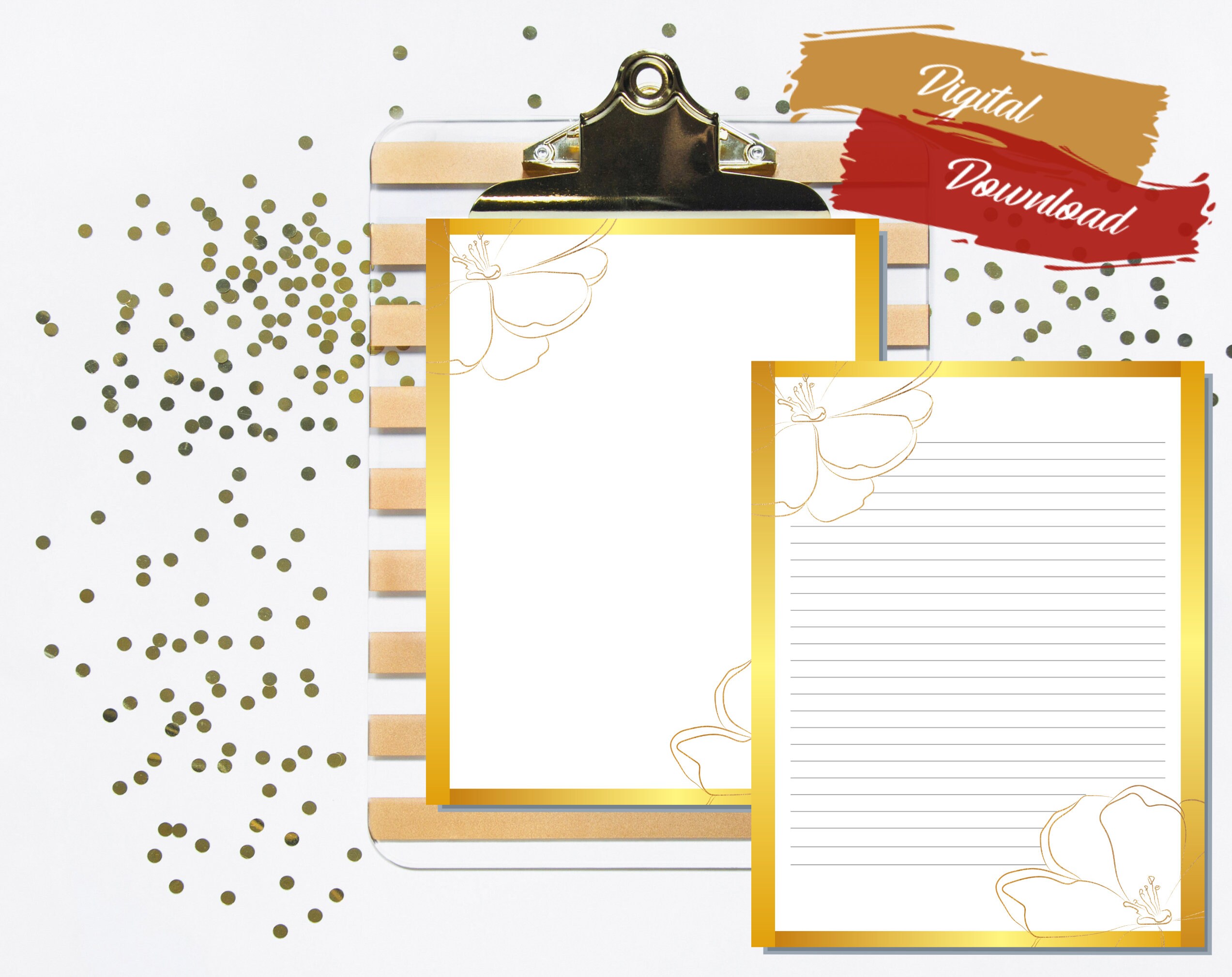 Gold Floral Border Letter Writing Paper, Digital Download, Elegant Note ...