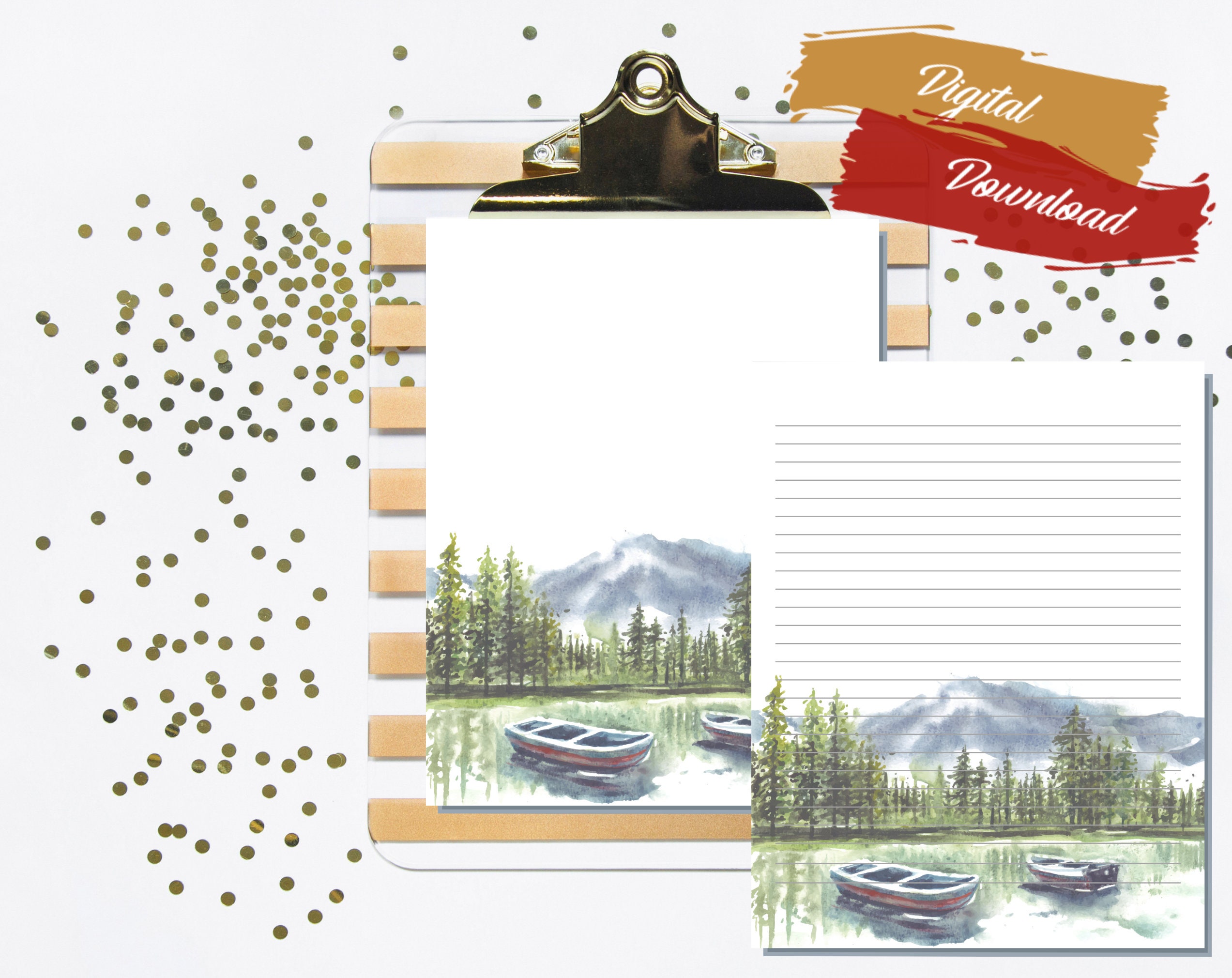 Printable Watercolor Boats on a Lake Landscape Letter Writing Paper ...