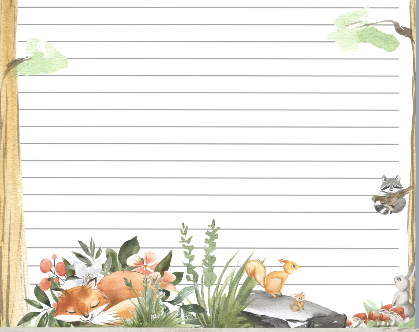 Printable Watercolor Woodland Animals Scene Writing Paper, Digital ...