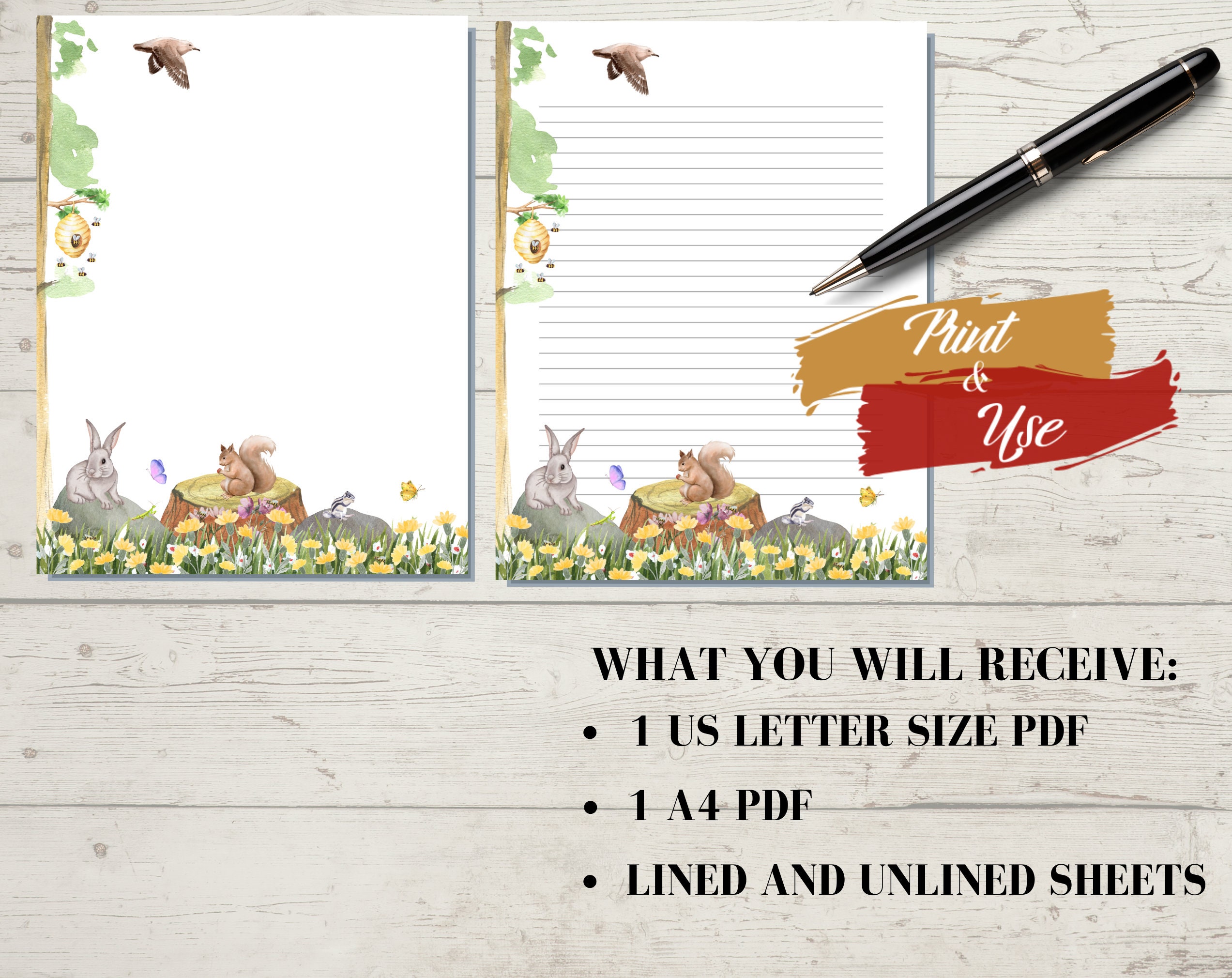 Printable Watercolor Spring Woodland Animals Scene Writing Paper ...