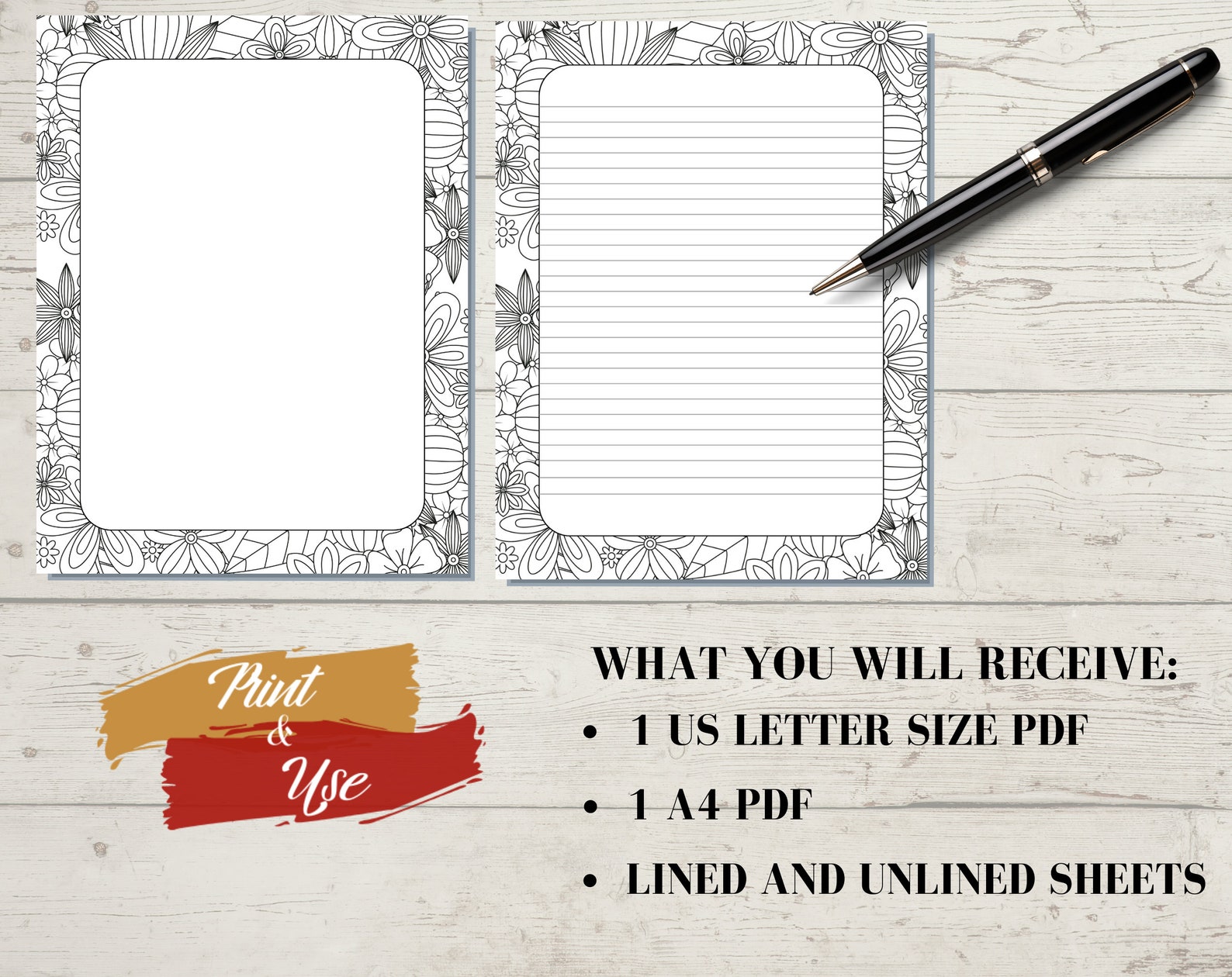 Printable Floral Border Coloring Stationery, Digital Download ...