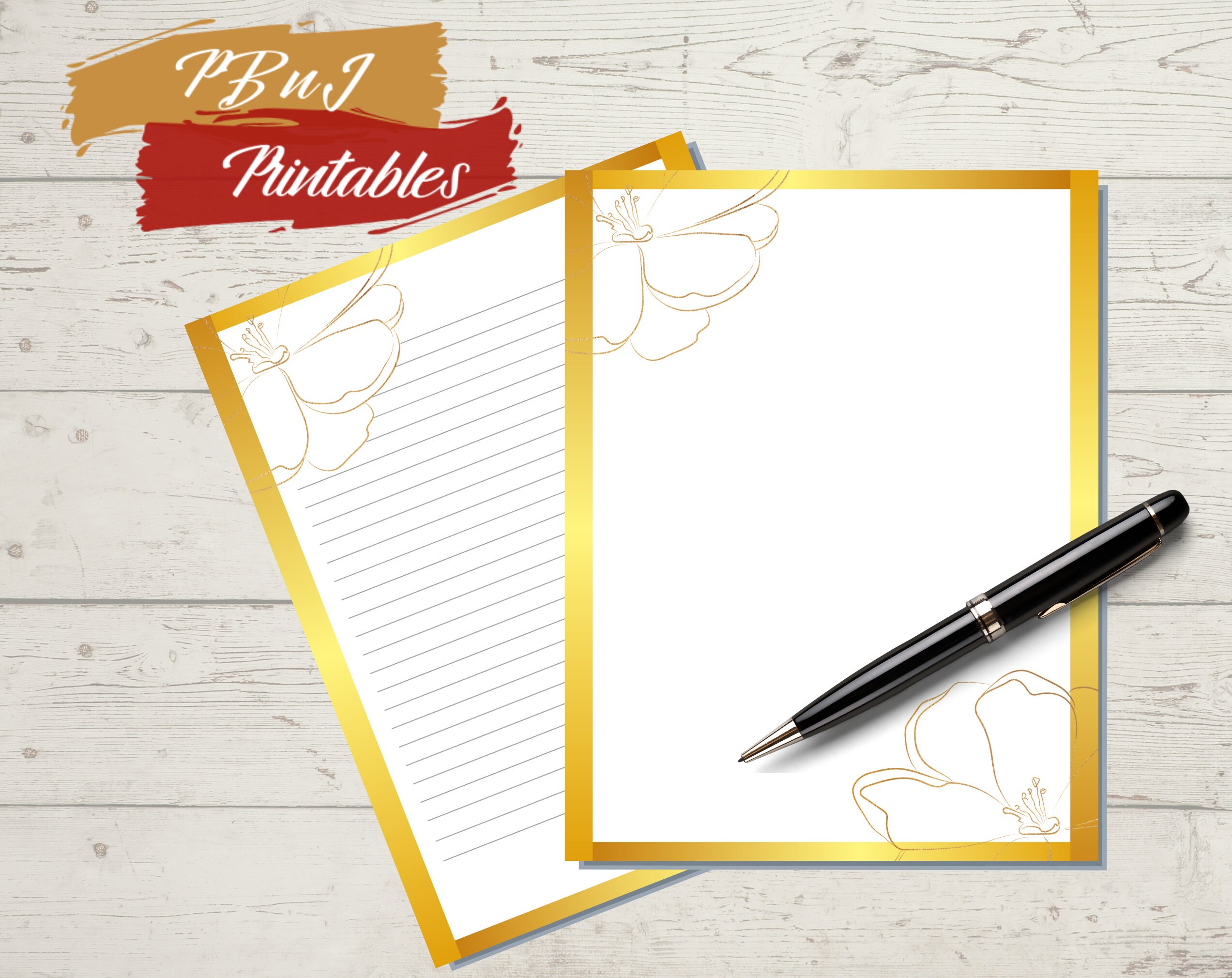 Gold Floral Border Letter Writing Paper, Digital Download, Elegant Note ...