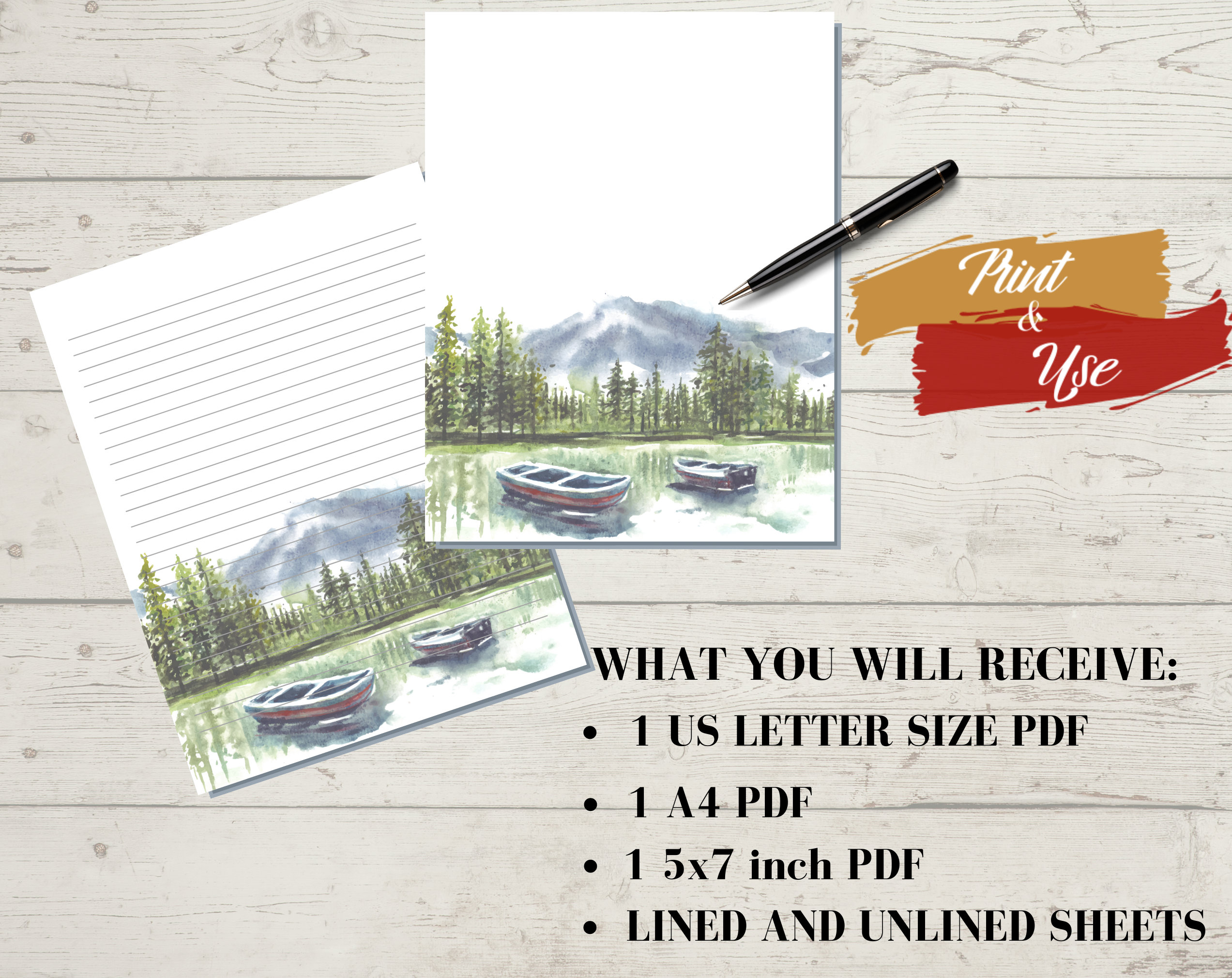 Printable Watercolor Boats on a Lake Landscape Letter Writing Paper ...