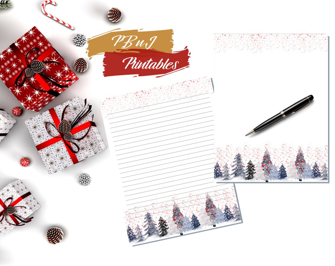 Printable Watercolor Christmas Tree Scene Writing Paper, Digital ...