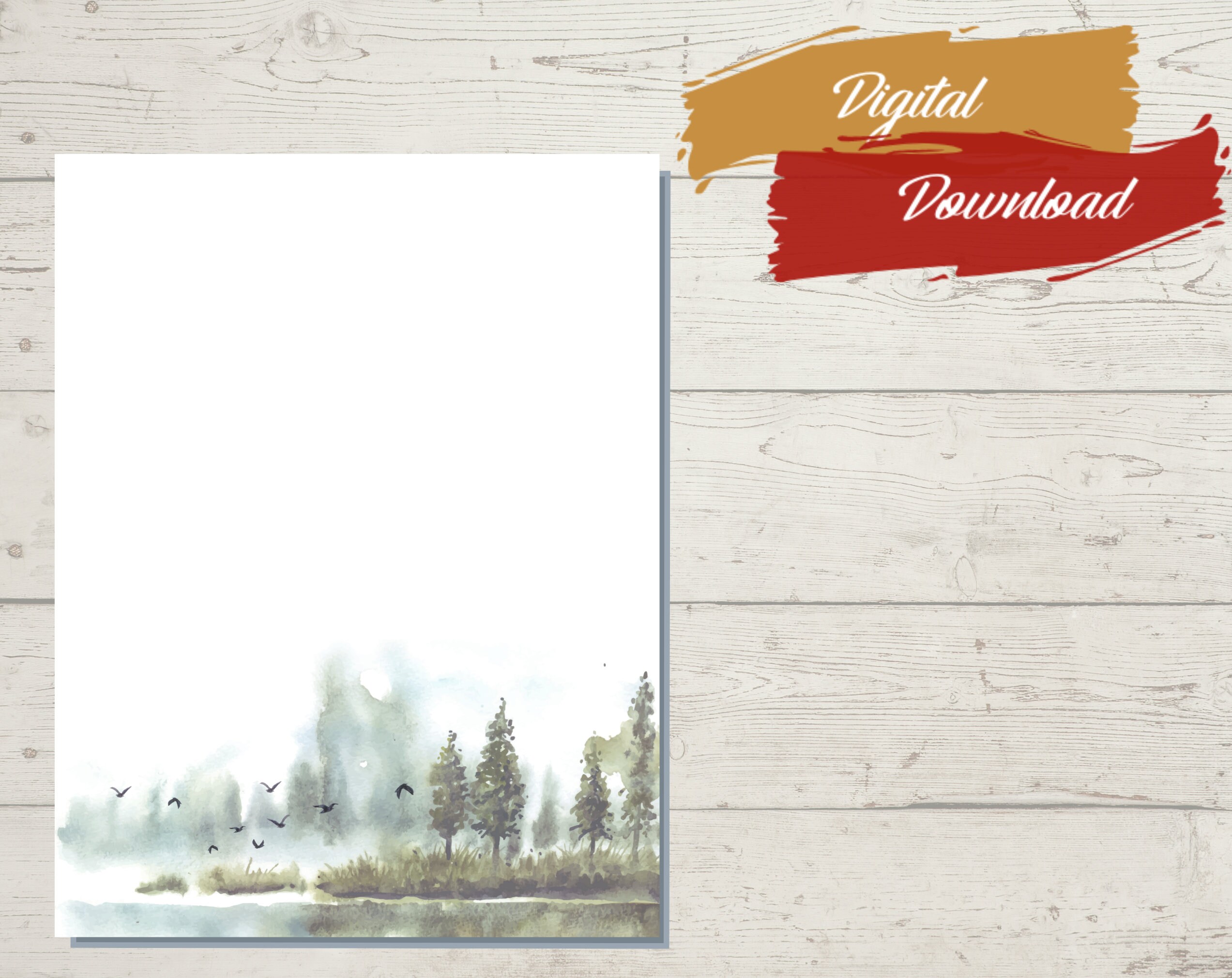 Printable Watercolor Trees on a Lake Letter Writing Paper, Printable ...