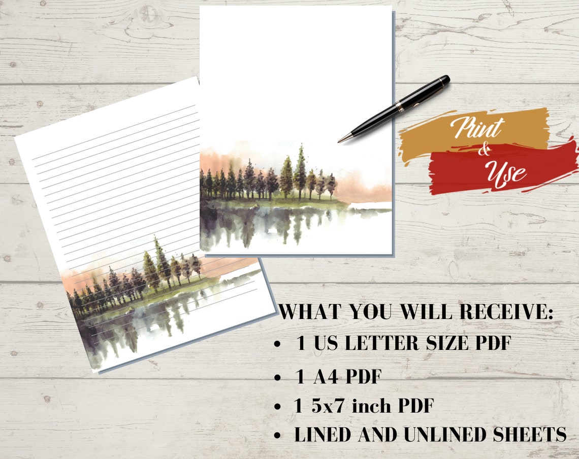 Printable Watercolor Trees on a Lake Letter Writing Paper, Printable ...
