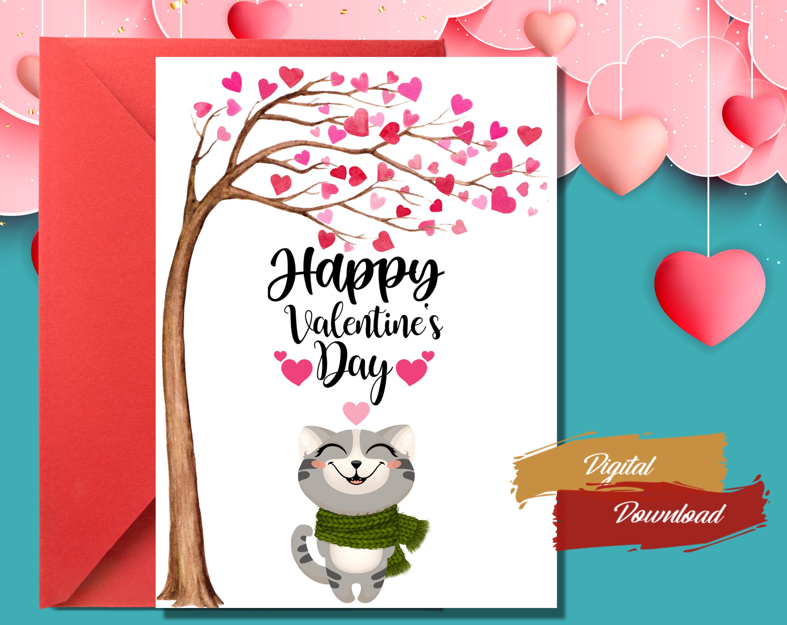 Printable Cat Valentine's Day Greeting Card, Downloadable Card, Cat ...