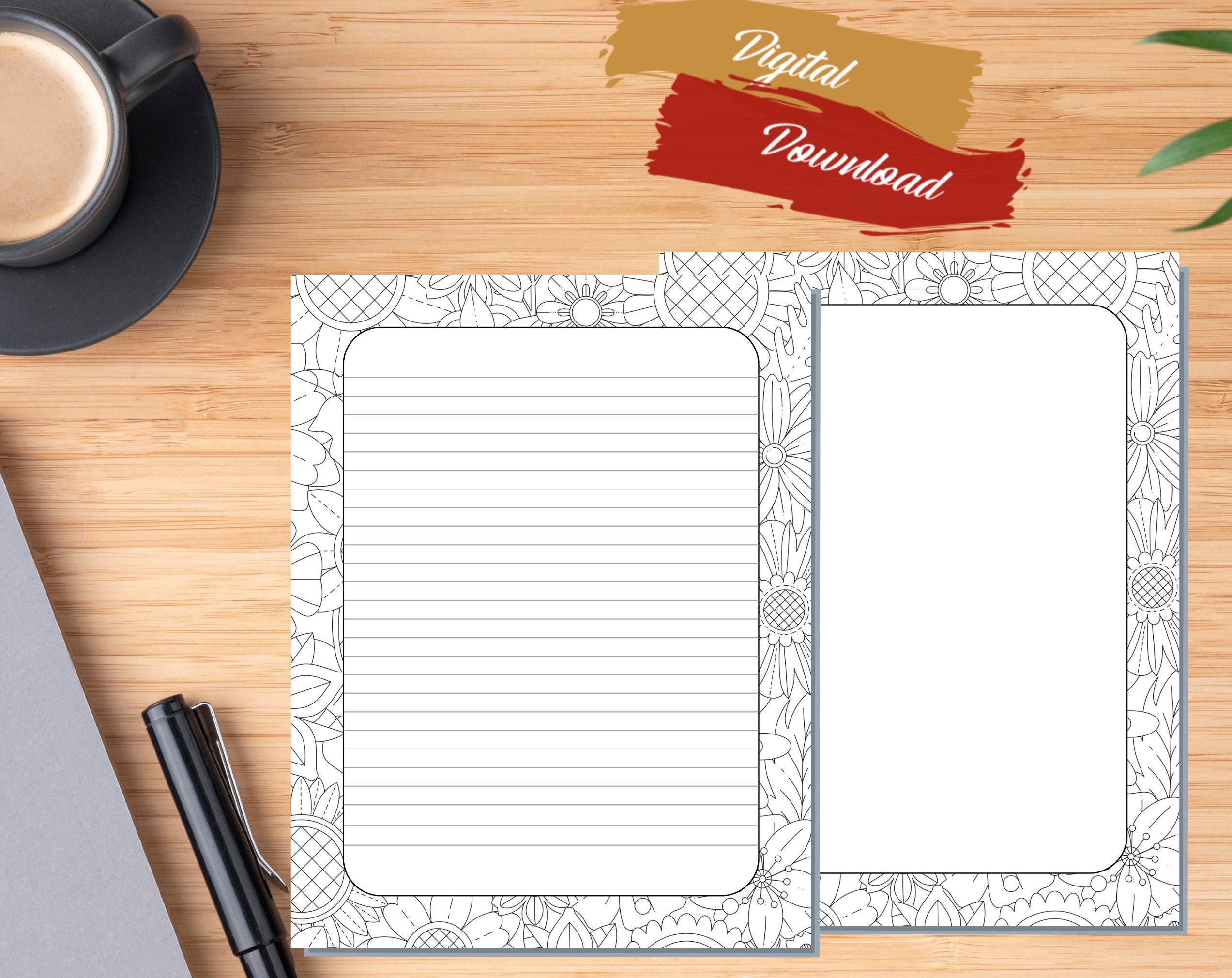 Printable Floral Border Coloring Stationery, Digital Download ...