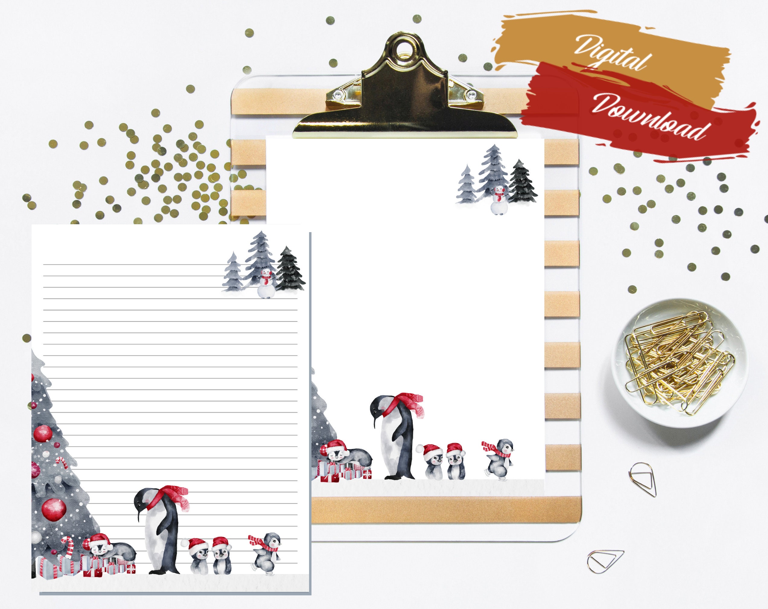 Printable Penguin Christmas Letter Writing Paper, Digital Download ...