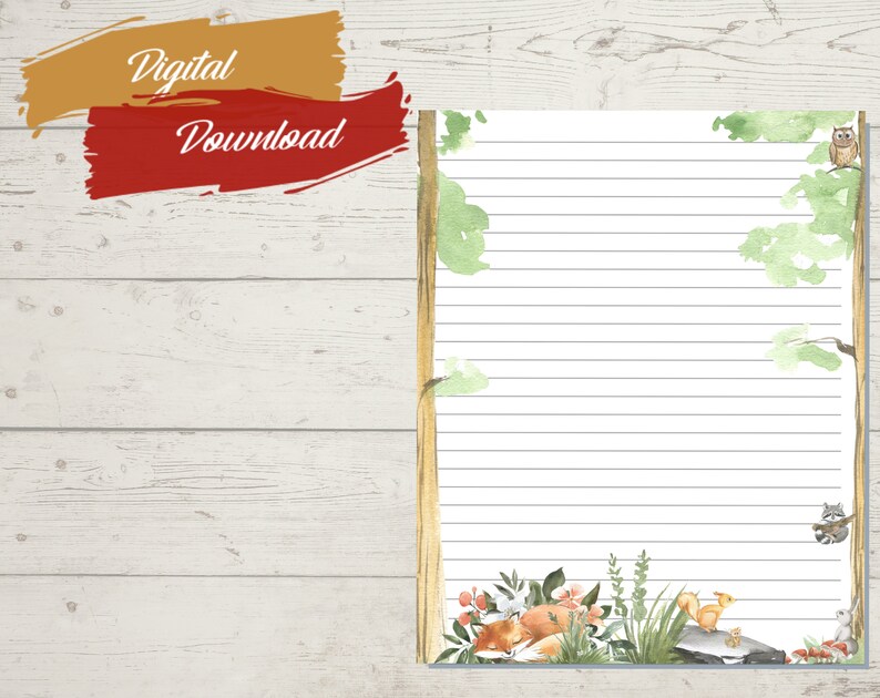 Printable Watercolor Woodland Animals Scene Writing Paper, Digital ...