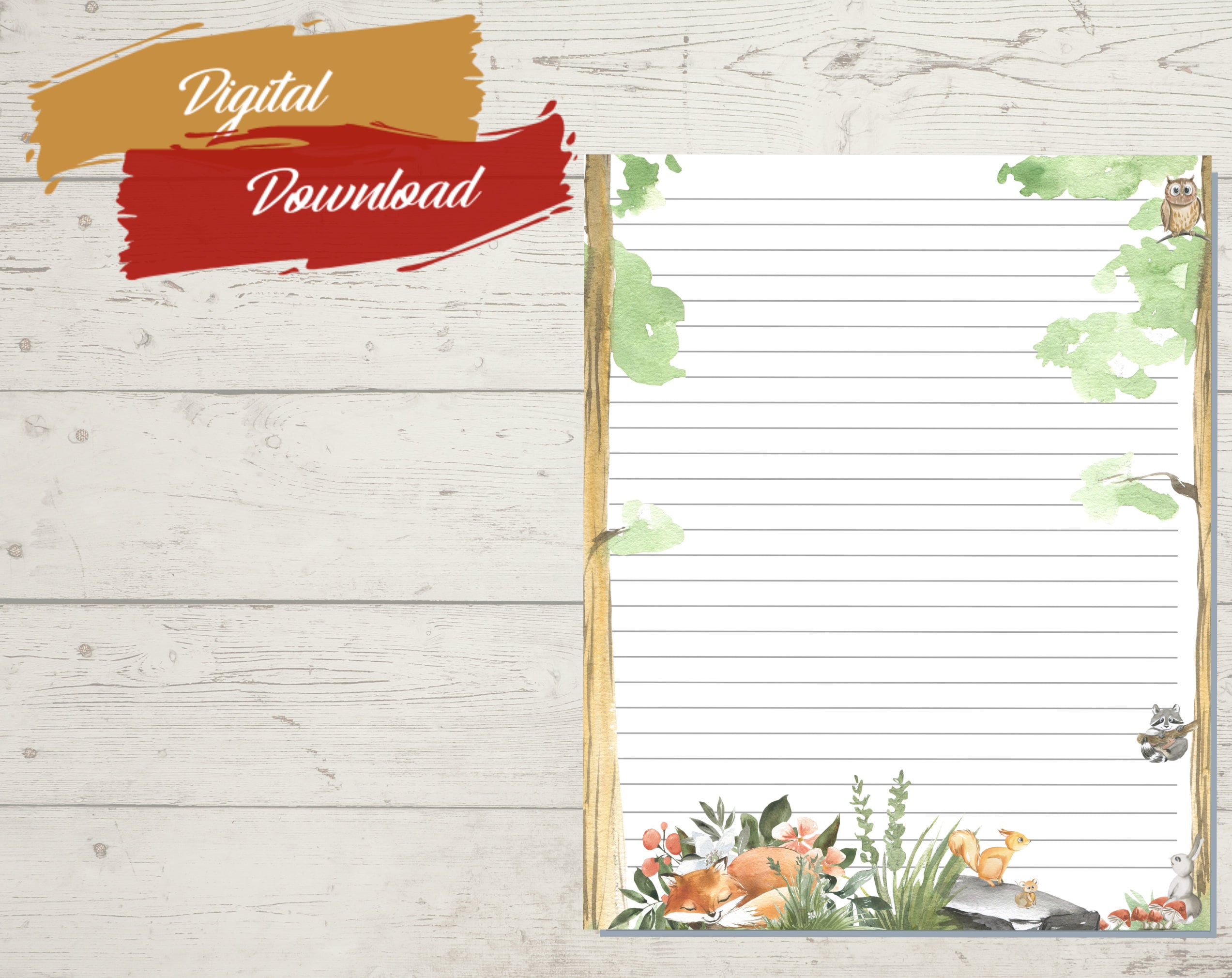 Printable Watercolor Woodland Animals Scene Writing Paper, Digital ...