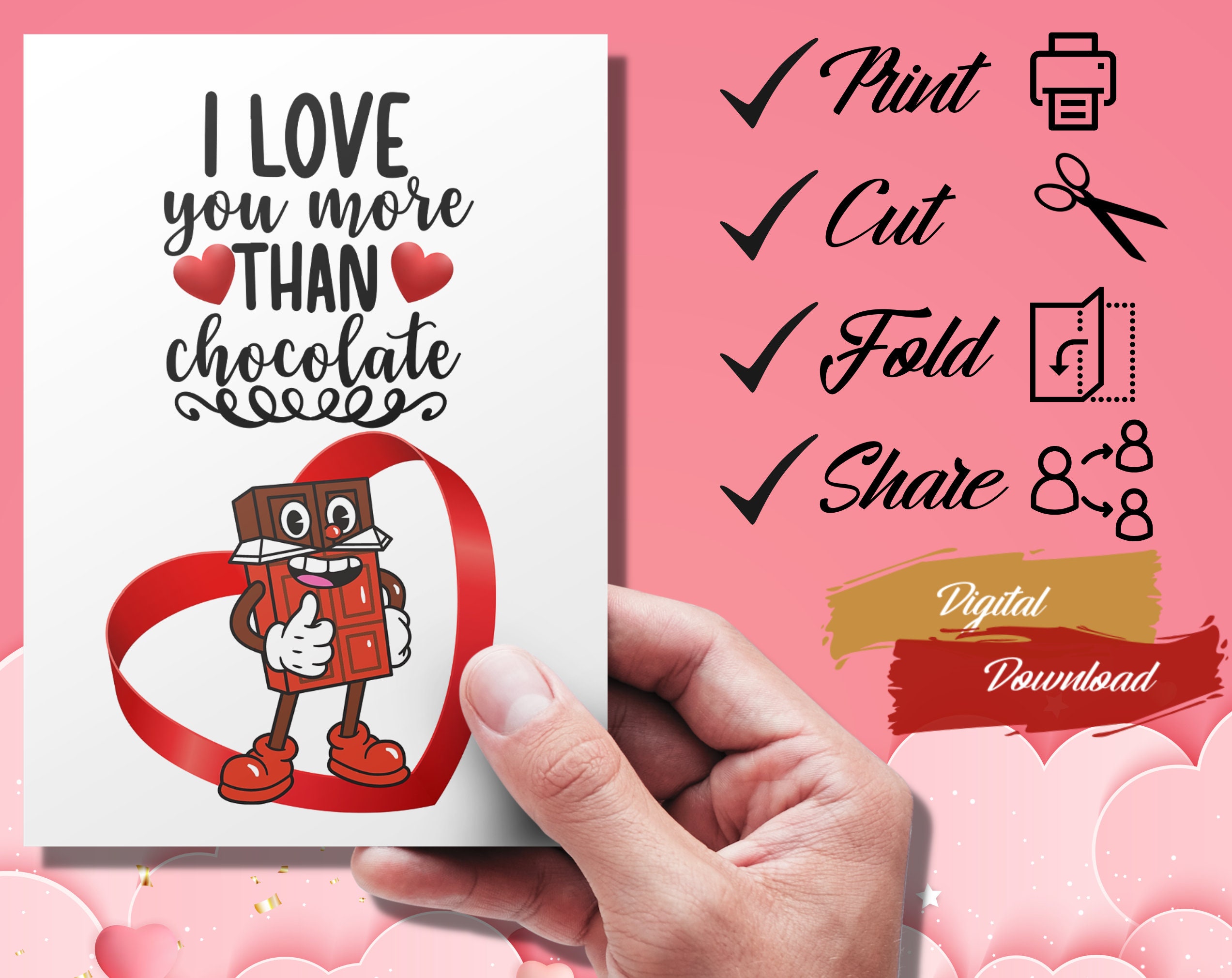 Printable Valentine's Day Greeting Card, I Love You More Than Chocolate ...
