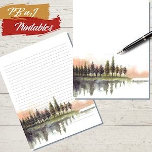Printable Watercolor Trees on a Lake Letter Writing Paper, Printable ...