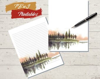 Printable Watercolor Trees on a Lake Letter Writing Paper, Printable ...
