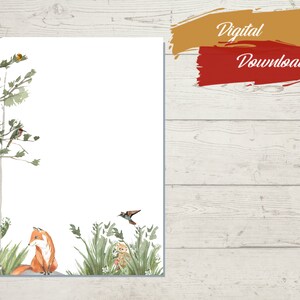 Printable Watercolor Woodland Animals Scene Writing Paper, Digital ...