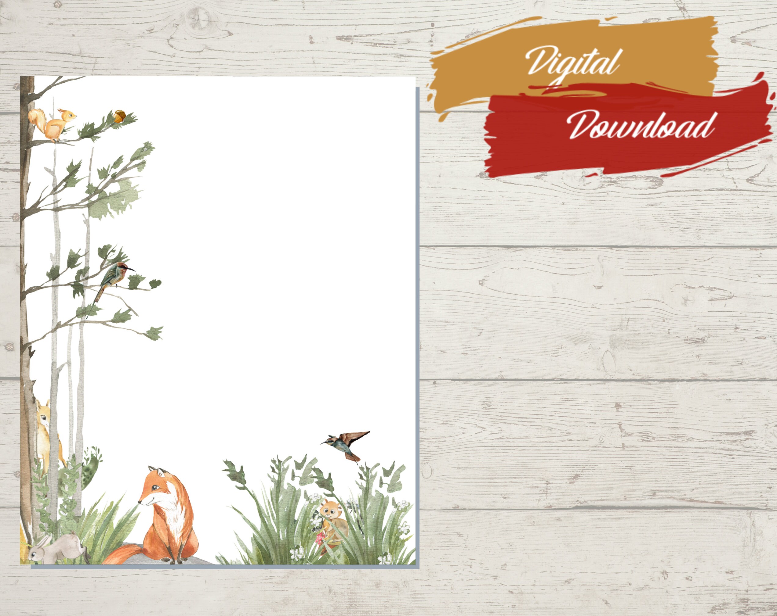 Printable Watercolor Woodland Animals Scene Writing Paper, Digital ...
