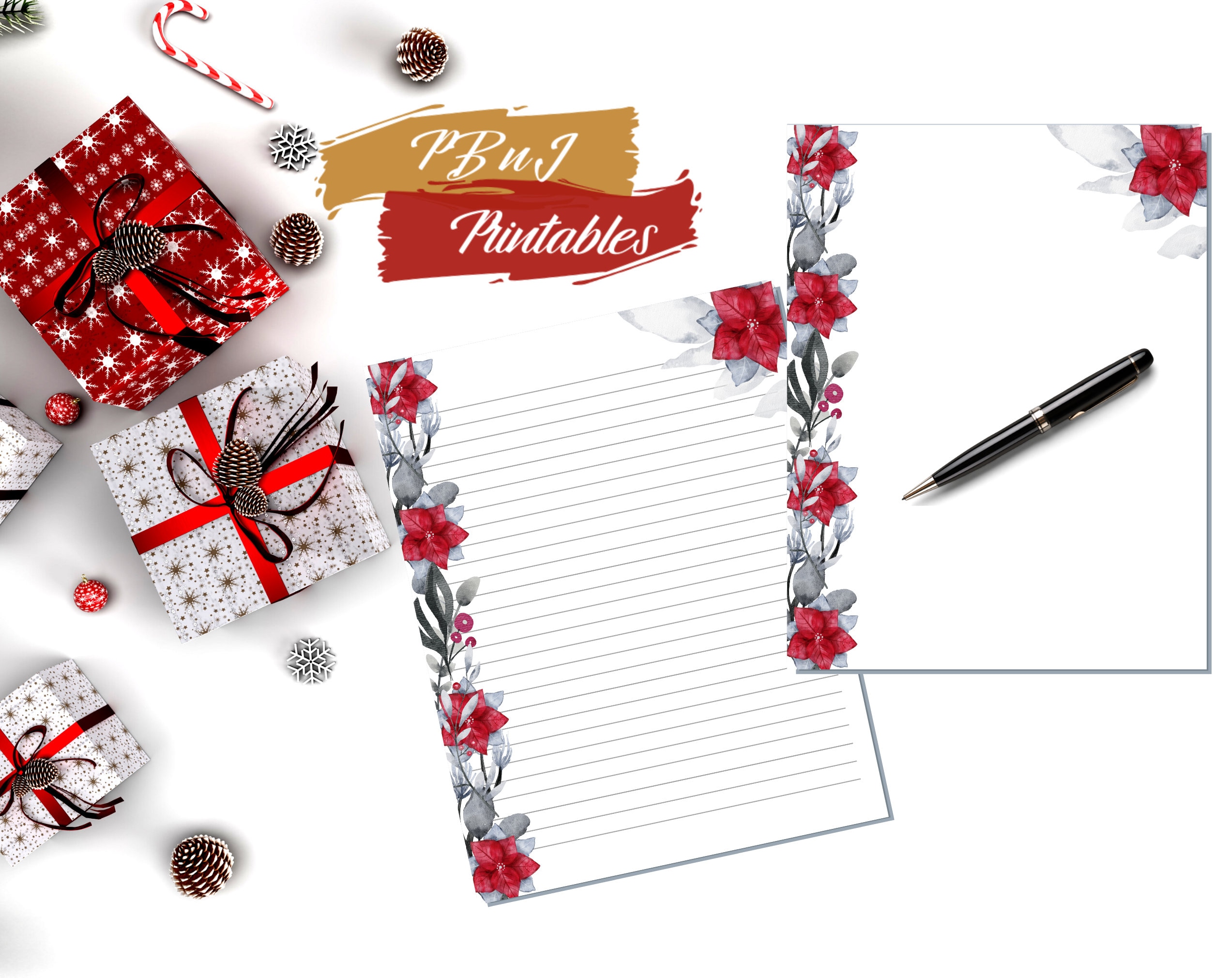 Printable Christmas Poinsettias Letter Writing Paper, Digital Download ...