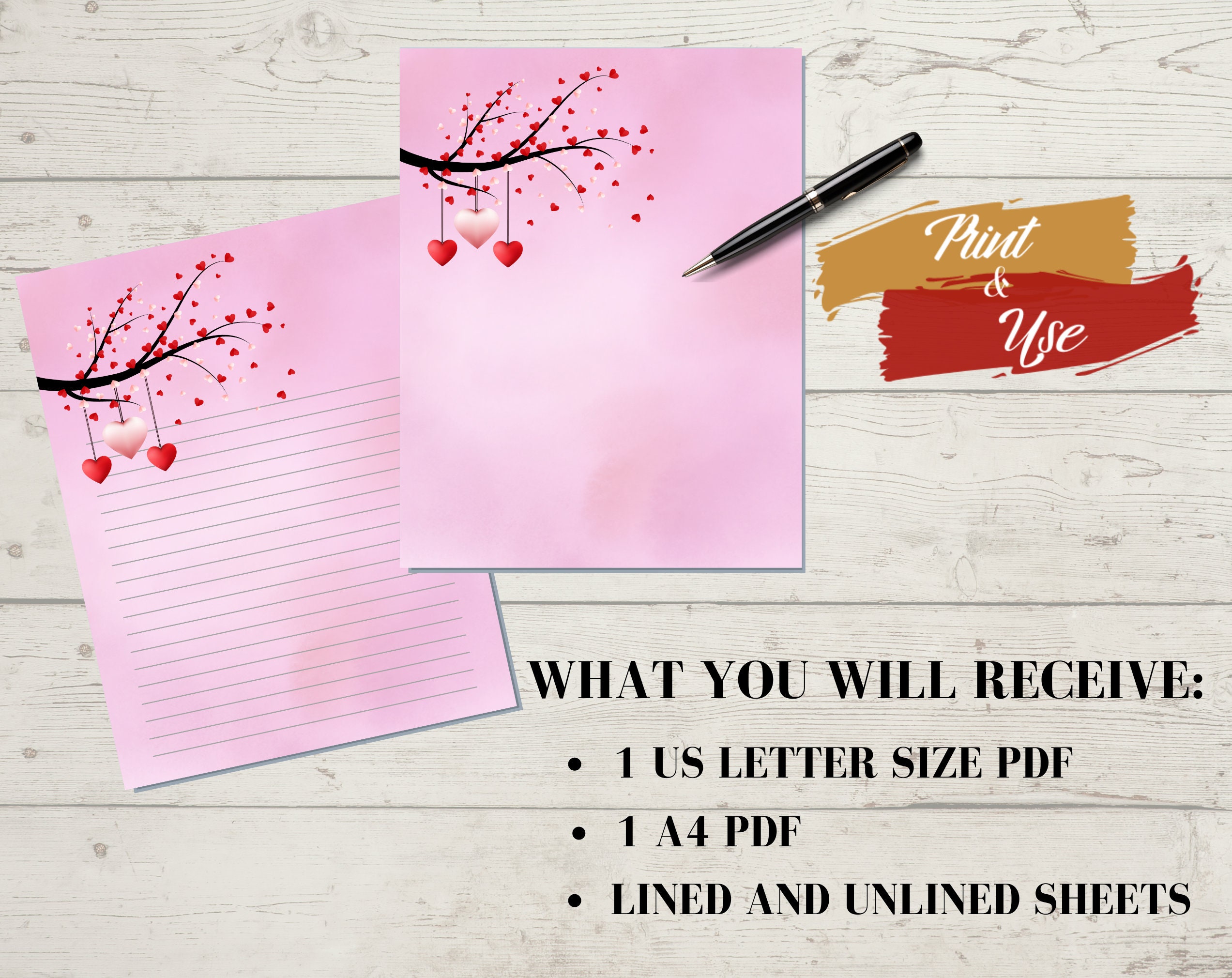 Valentine's Day Writing Paper, Digital Download, Heart Ornaments ...