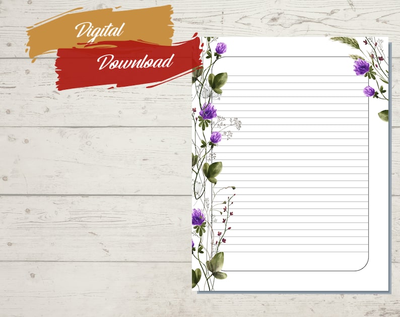 Printable Purple Watercolor Flowers Letter Writing Paper, Digital ...