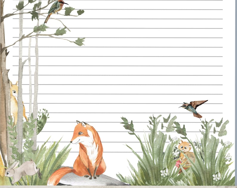 Printable Watercolor Woodland Animals Scene Writing Paper, Digital ...