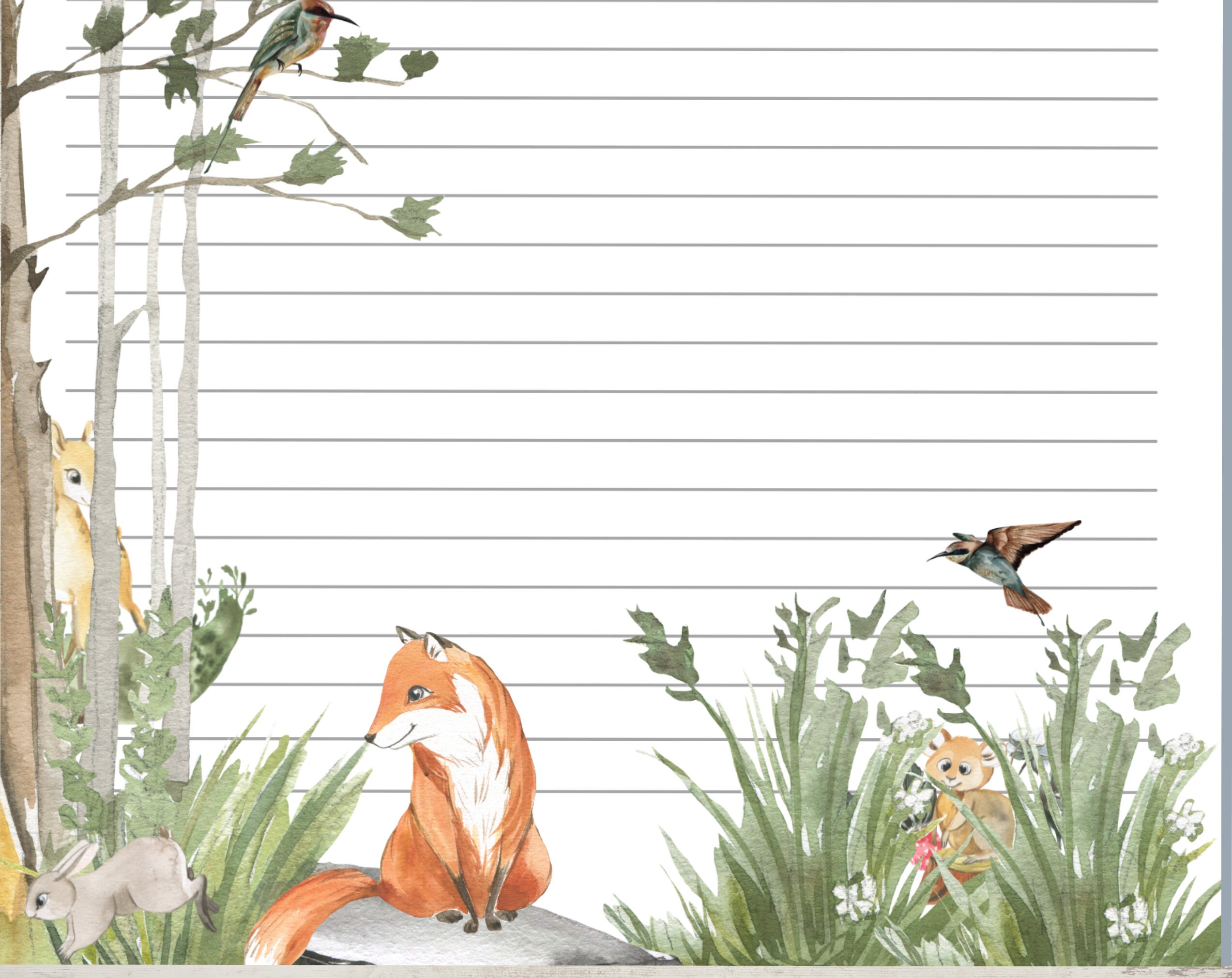 Printable Watercolor Woodland Animals Scene Writing Paper, Digital ...