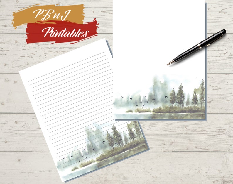 Printable Watercolor Trees on a Lake Letter Writing Paper, Printable ...