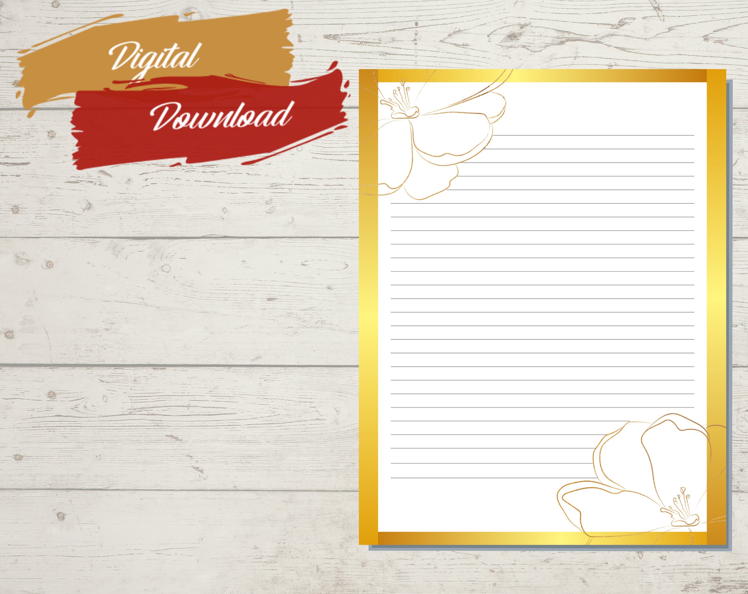 Gold Floral Border Letter Writing Paper, Digital Download, Elegant Note ...