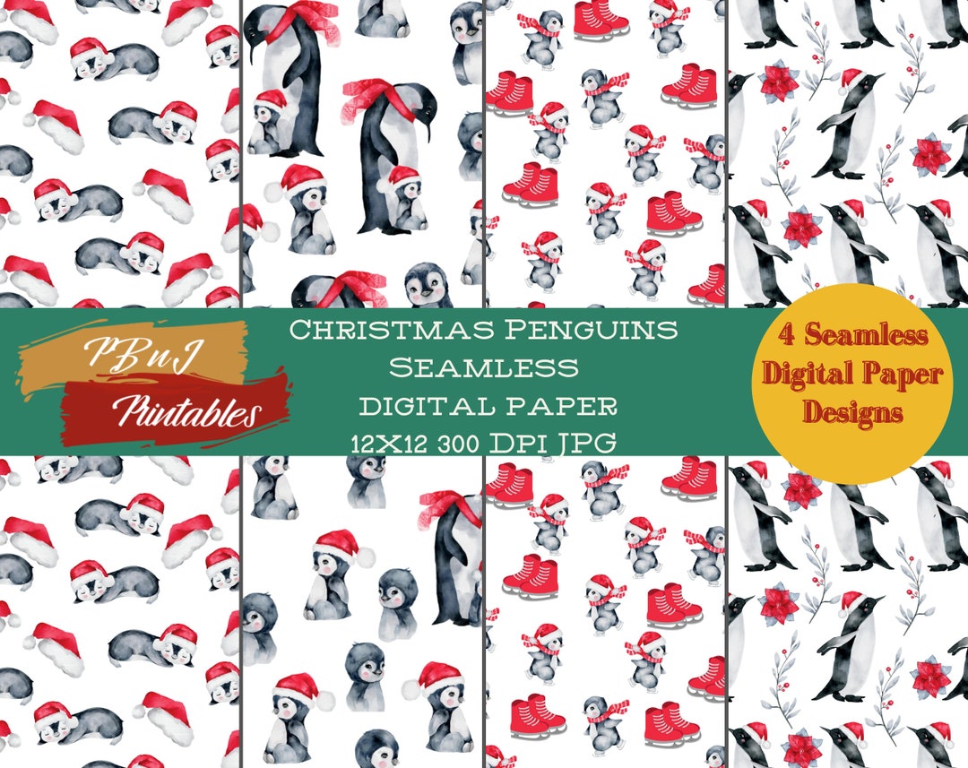 4 Christmas Penguin Seamless Digital Papers, Digital Download ...