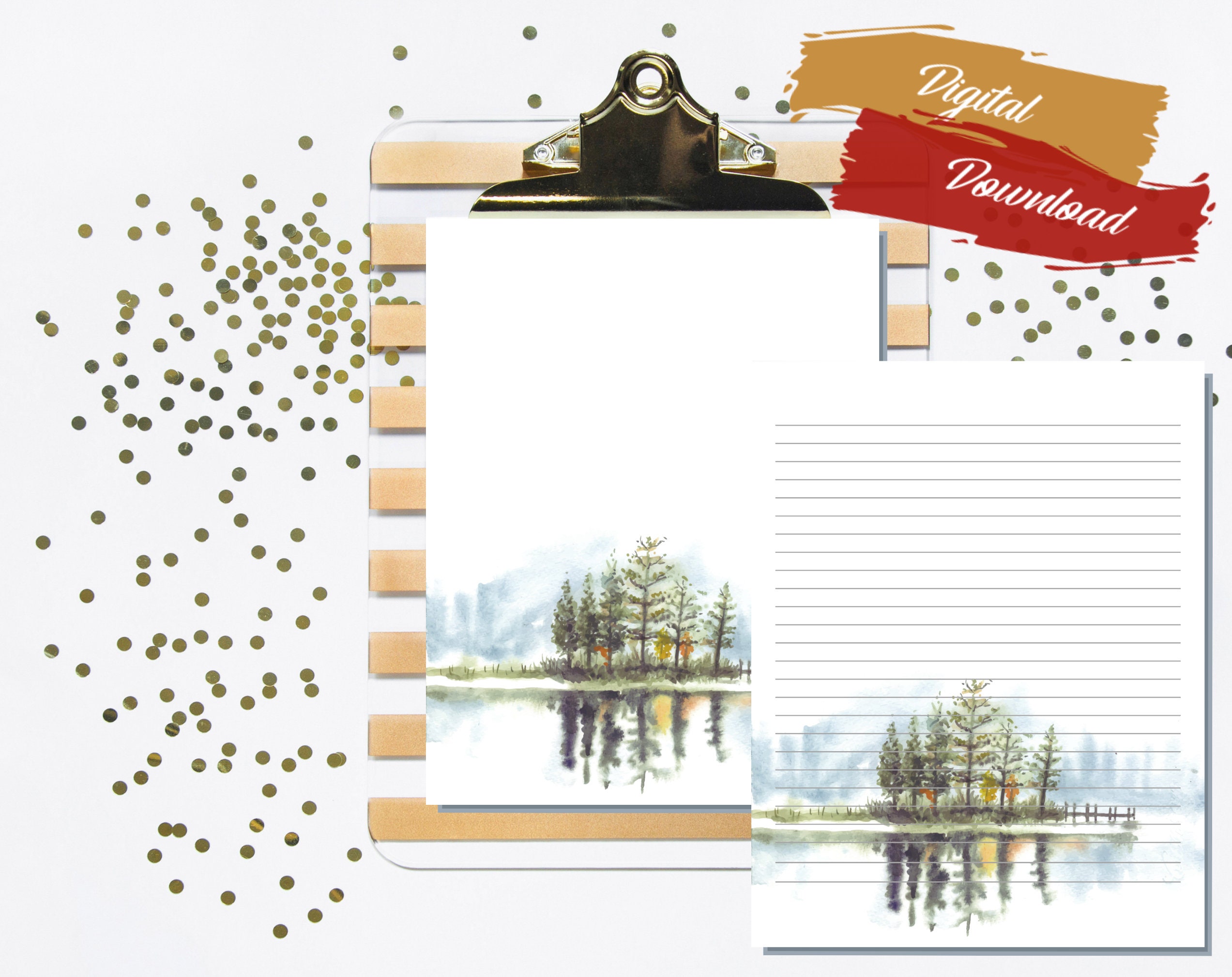 Printable Watercolor Trees on a Lake Letter Writing Paper, Printable ...
