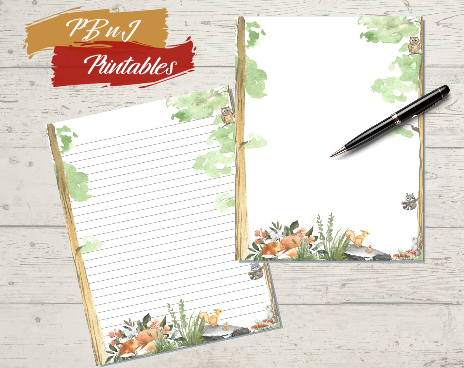 Printable Watercolor Woodland Animals Scene Writing Paper, Digital ...