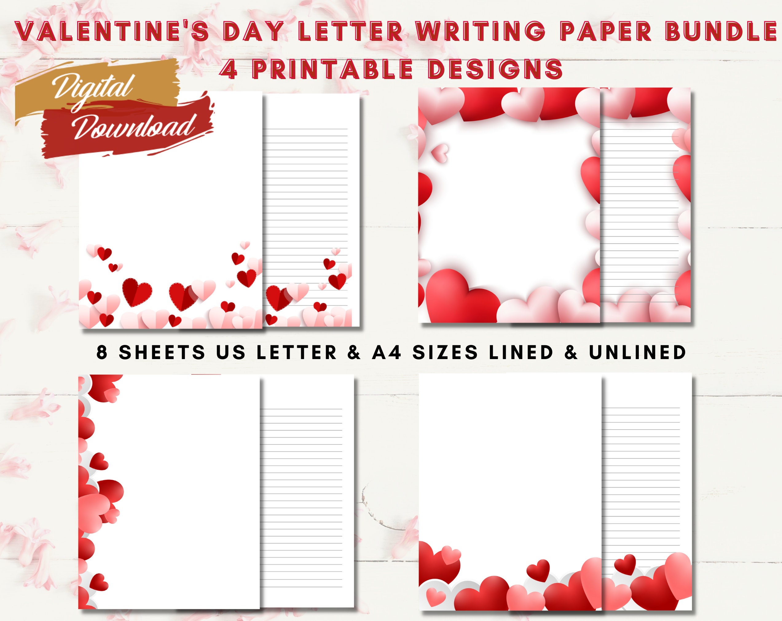 Valentine's Day Letter Writing Paper, Digital Download, 4 Designs ...